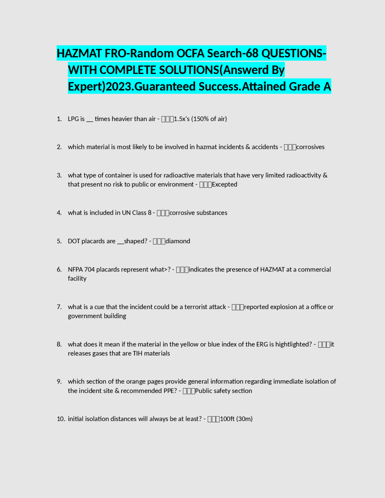 HAZMAT FRO-Random OCFA Search-68 QUESTIONS- WITH COMPLETE SOLUTIONS ...