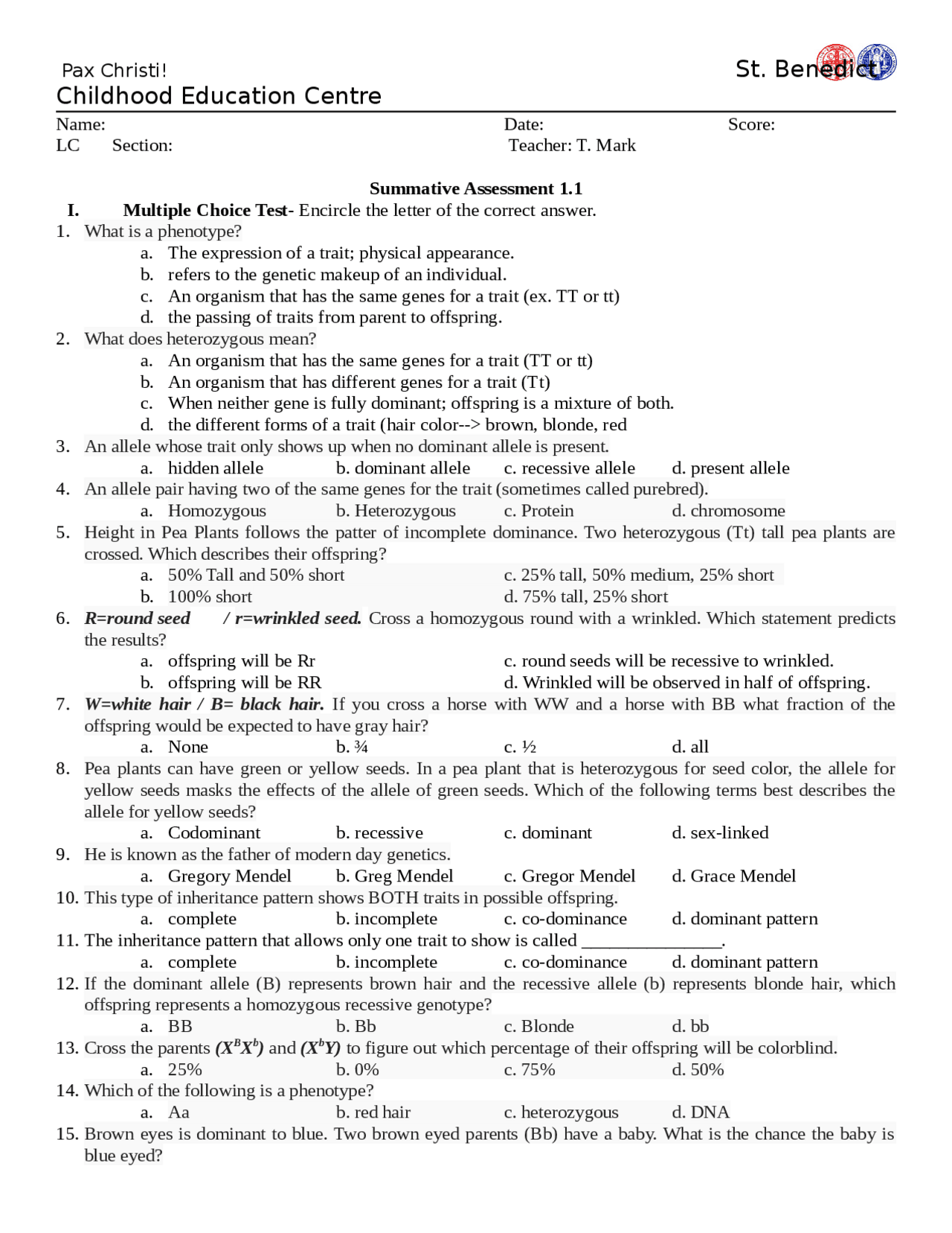 Biology Exam for Grade 9 students | Exams Biology | Docsity