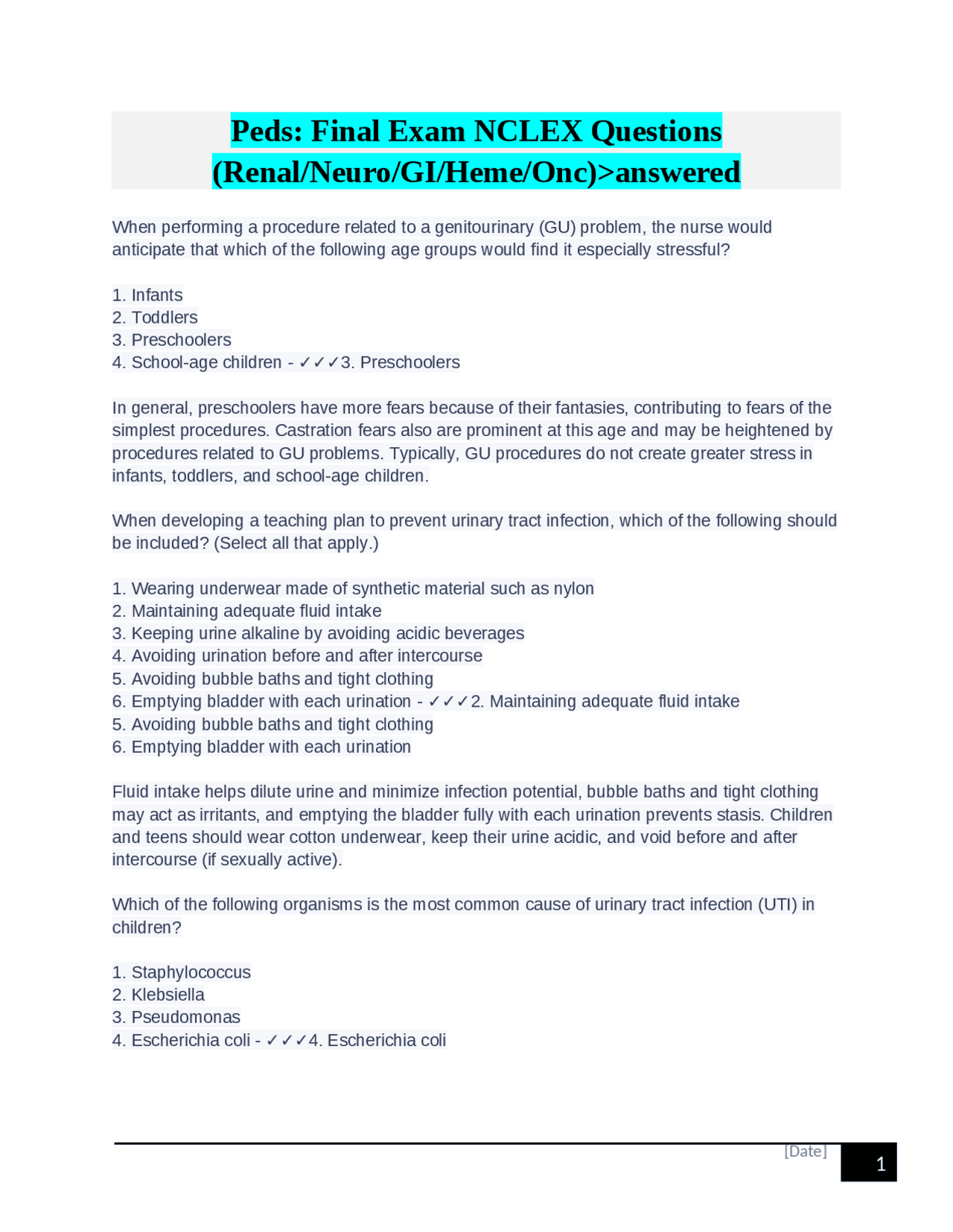 Peds: Final Exam NCLEX Questions (Renal/Neuro/GI/Heme/Onc)>answered ...