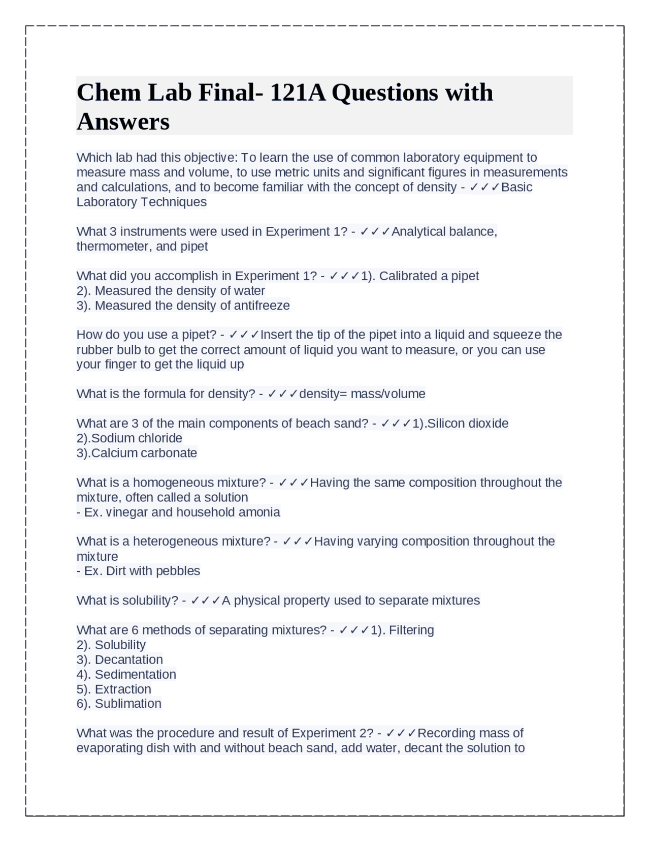 Chem Lab Final 121a Questions With Answers Exams Analytical