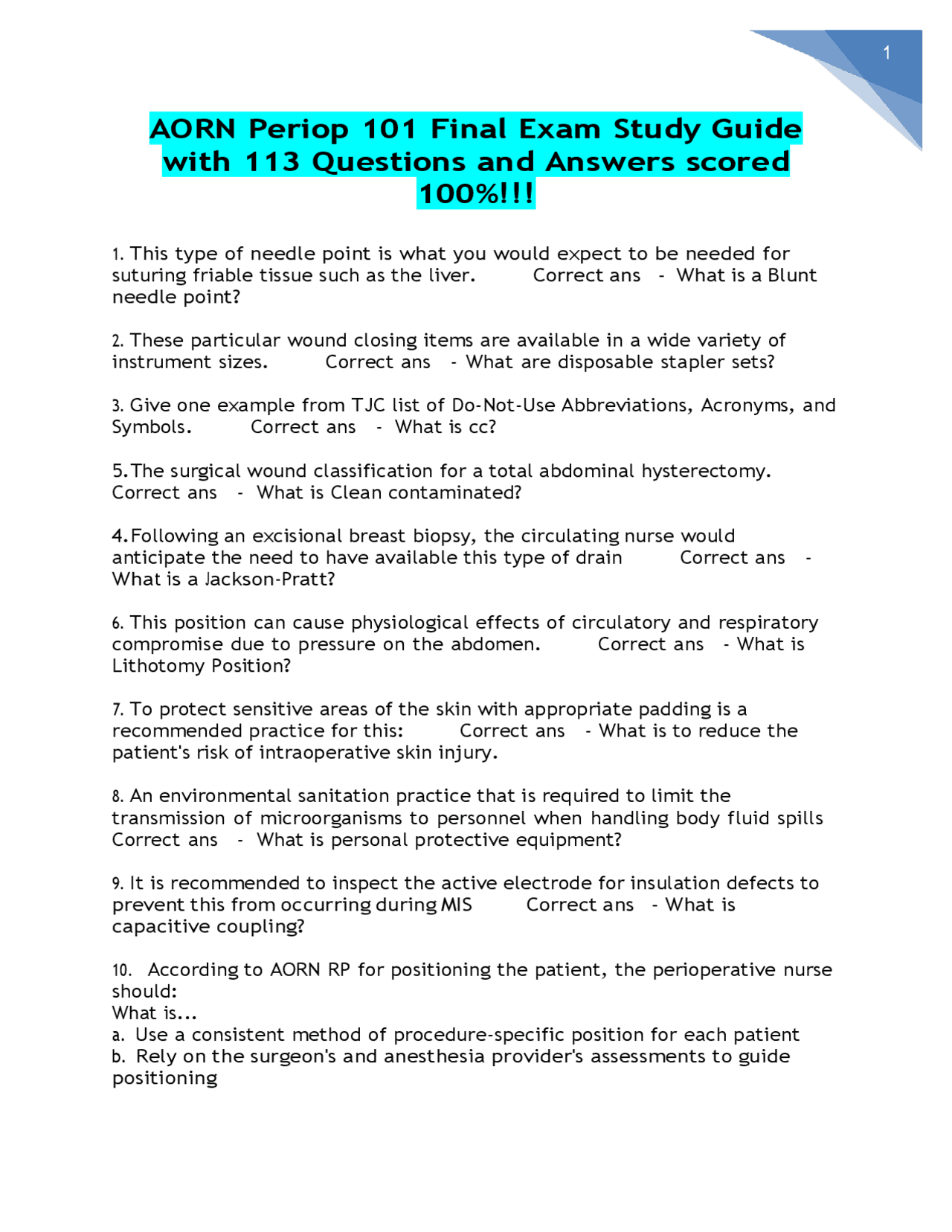 AORN Periop 101 Final Exam Study Guide with 113 Questions and Answers ...