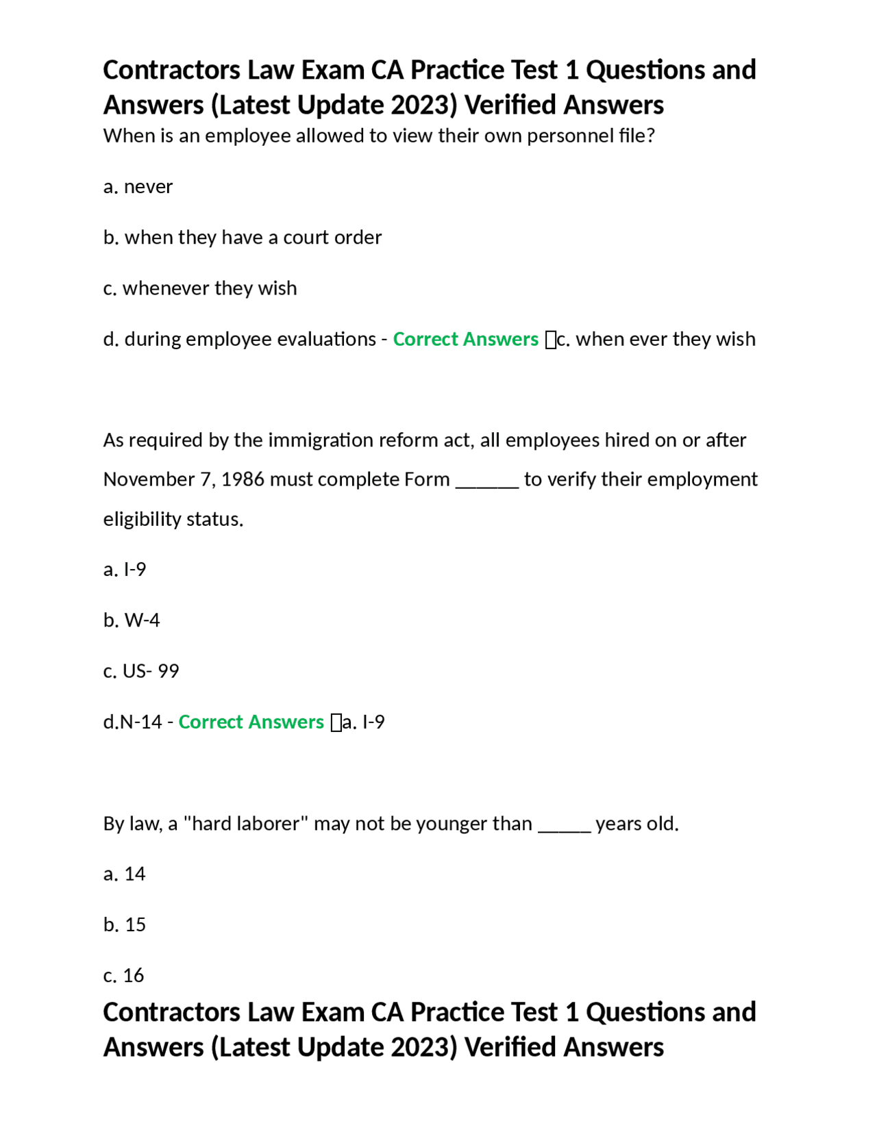 Contractors Law Exam CA Practice Test 1 Questions and Answers (Latest ...