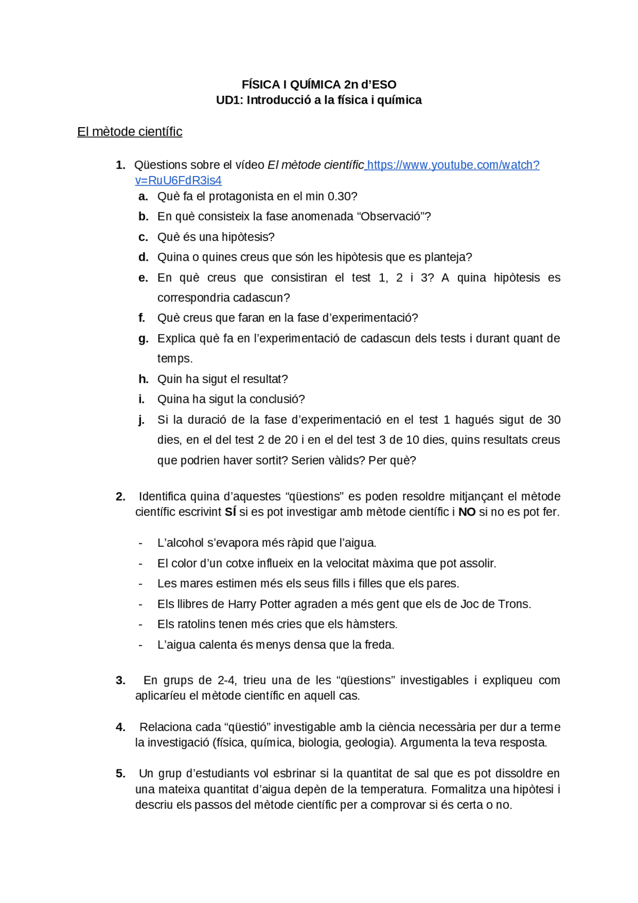 Actividades método científico | Apuntes de Historia | Docsity