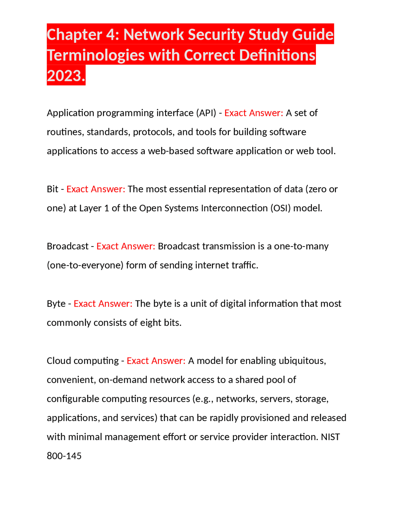 Chapter 4: Network Security Study Guide Terminologies with Correct Definitions 2023. | Exams ...