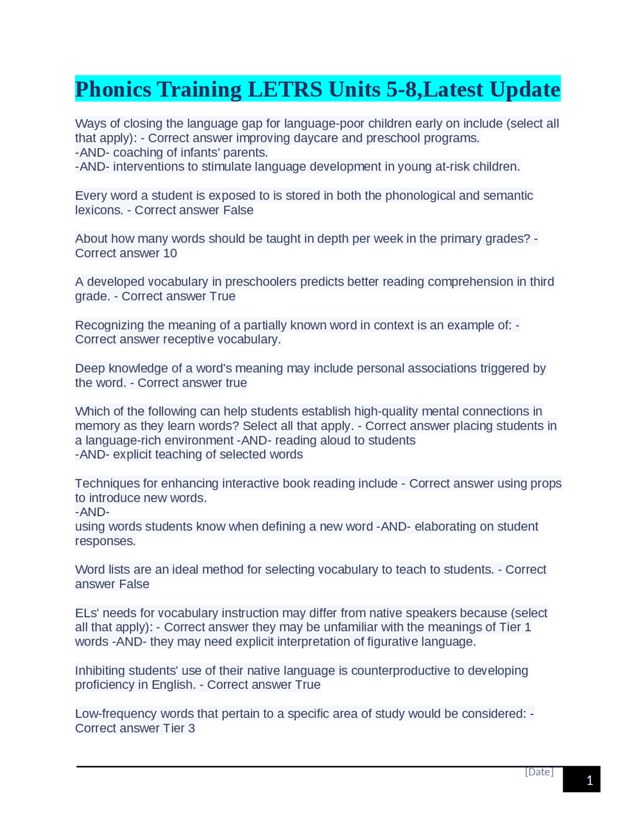 Phonics Training LETRS Units 5-8,Latest Update | Exams Literature | Docsity