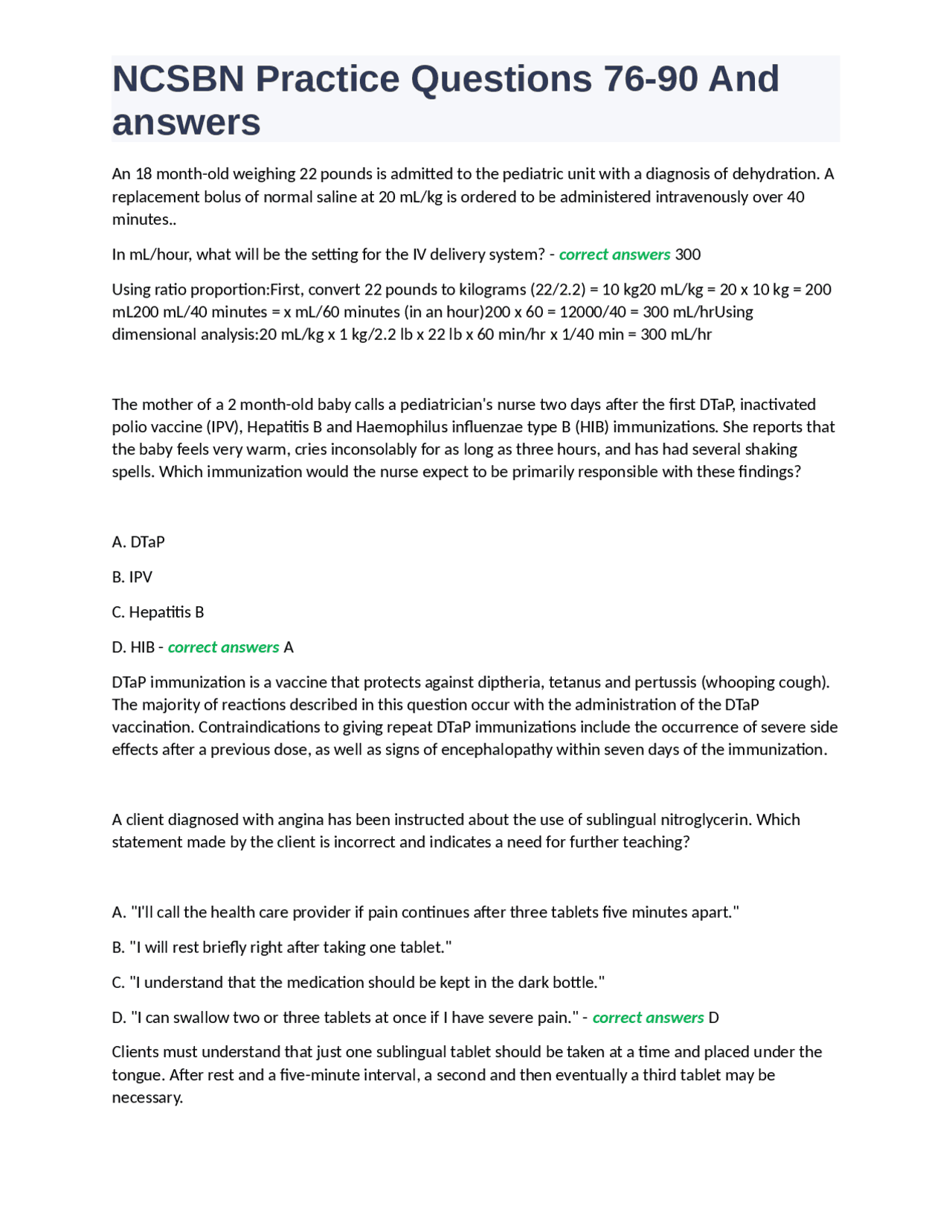 NCSBN Practice Questions 76-90 And answers | Exams Nursing | Docsity