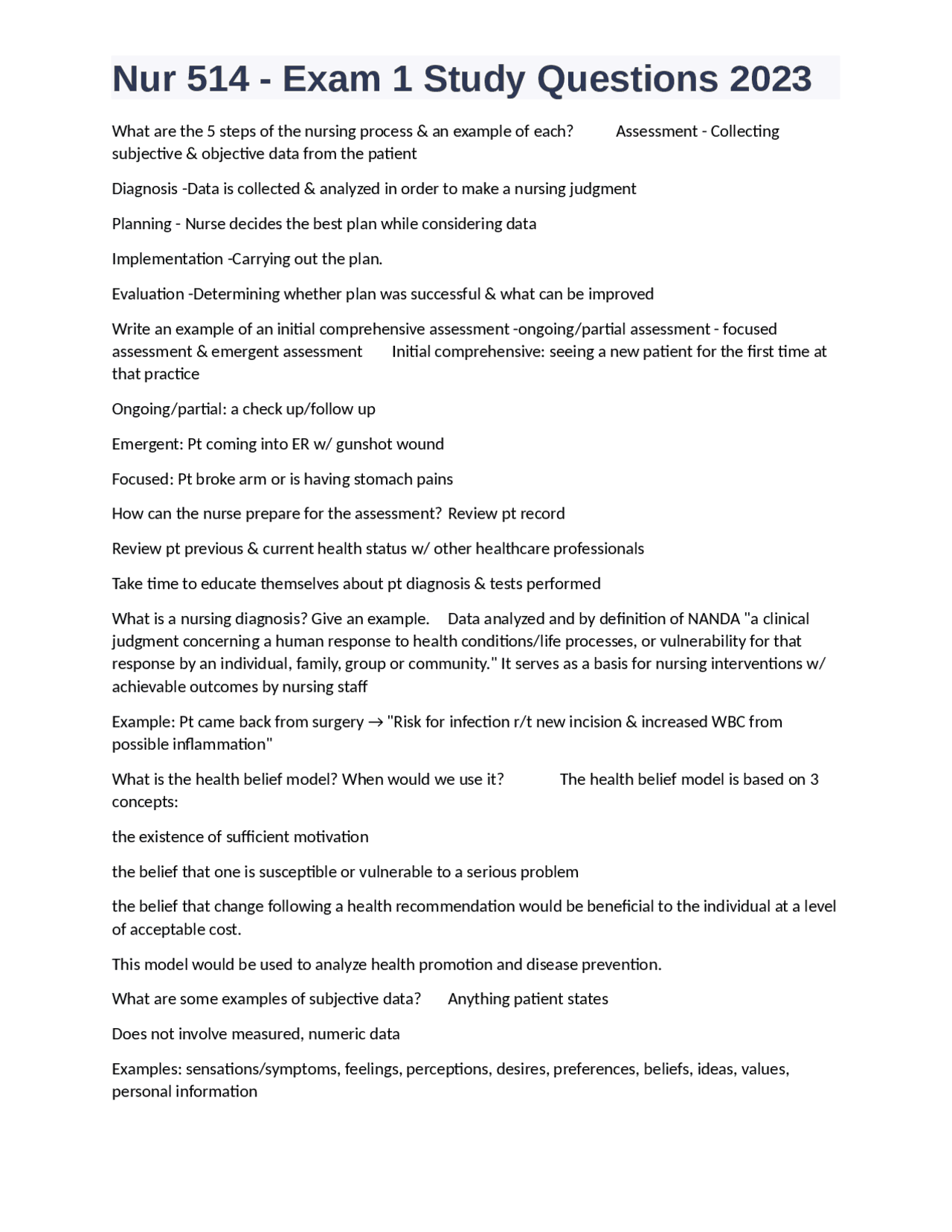 Nur 514 Exam 1 Study Questions 2023 Exams Nursing Docsity