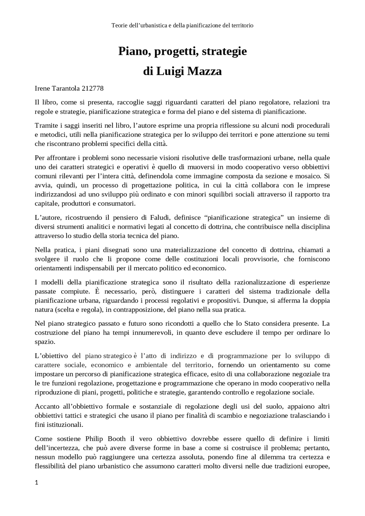 Recensione del libro PIANI PROGETTI E STRATEGIE | Esercizi di Storia | Docsity