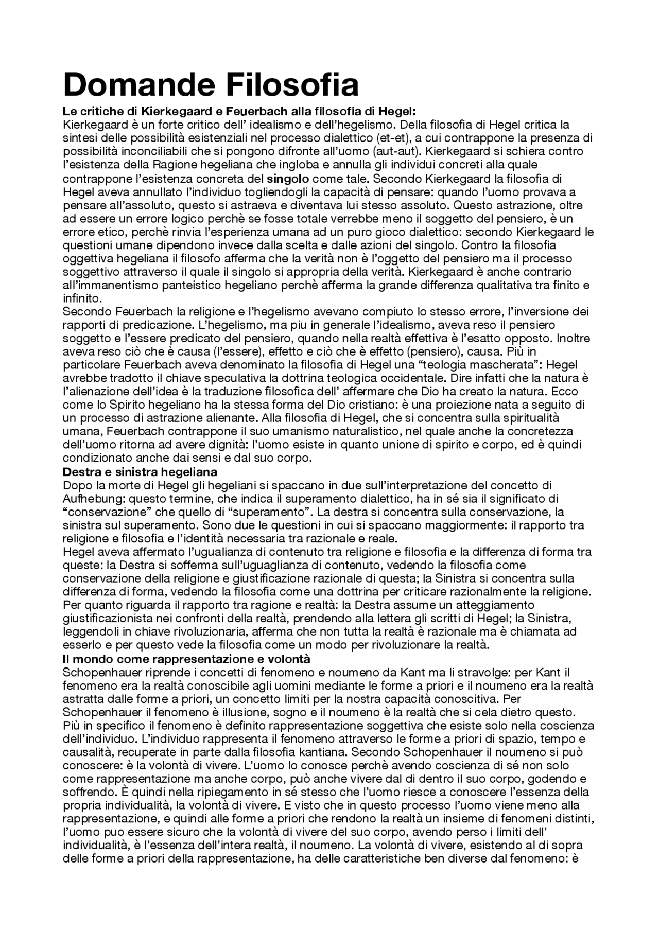 Domande Su Kierkegaard E Feuerbach Prove Desame Di Filosofia Docsity