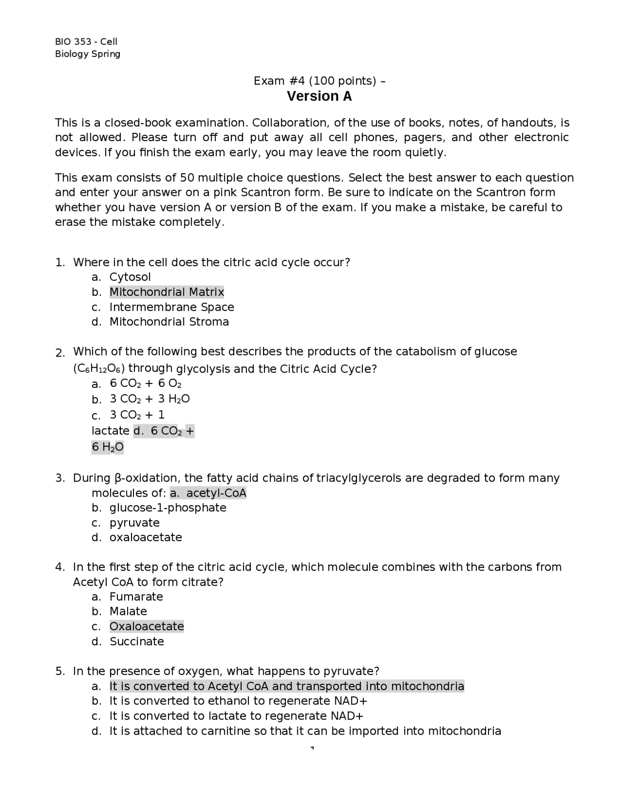 Bio 353 Cell Biology Exam 4 Version A Jennifer Questions With Answers