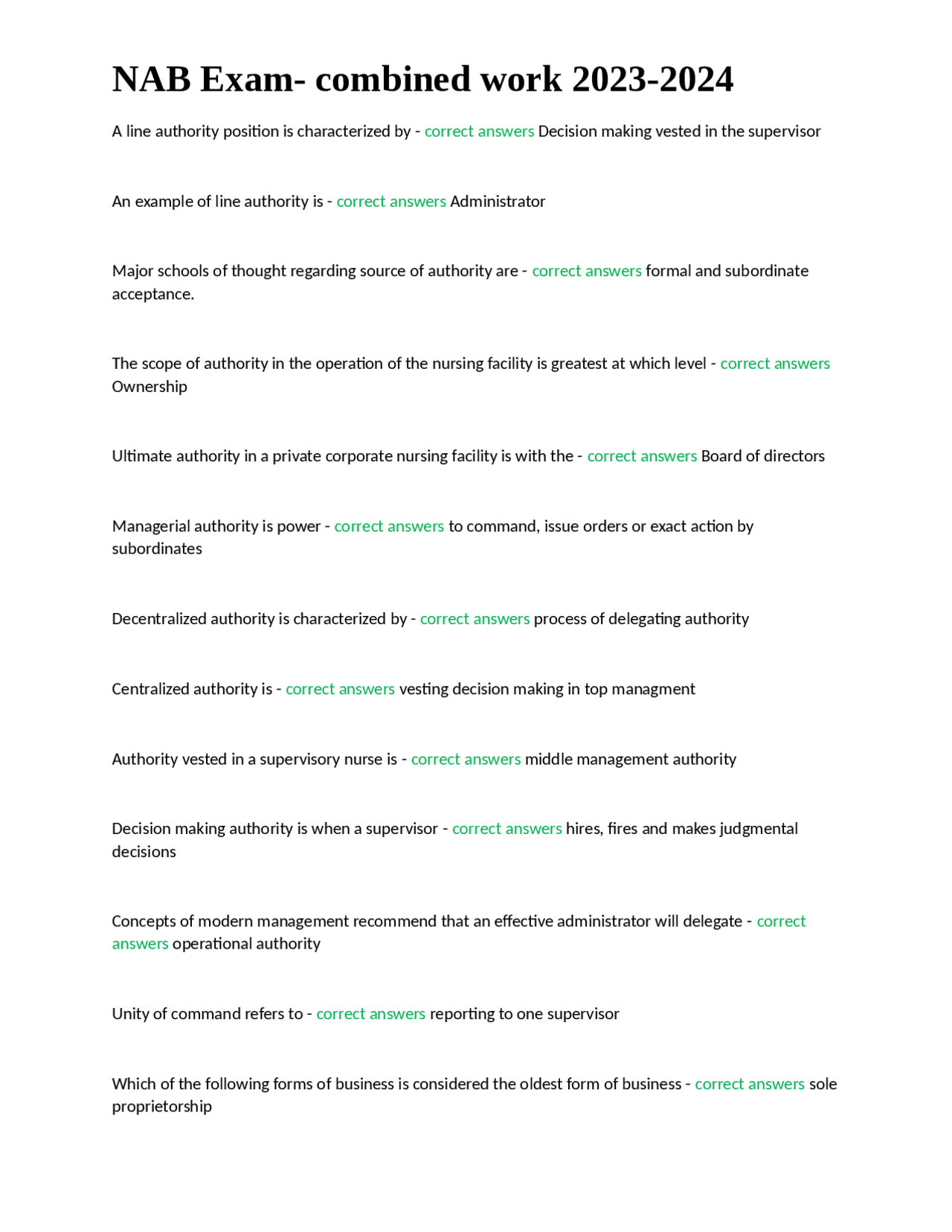NAB Exam- combined work 2023-2024 | Exams Nursing | Docsity