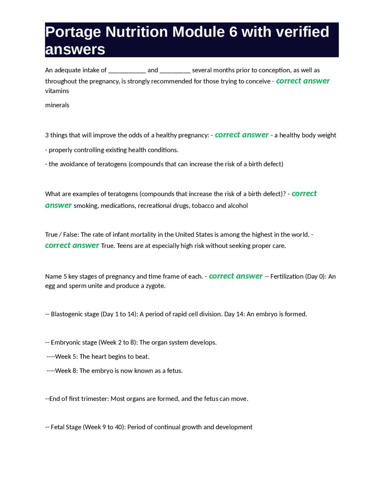 Portage Nutrition Module 6 With Verified Answers Exams Nursing Docsity
