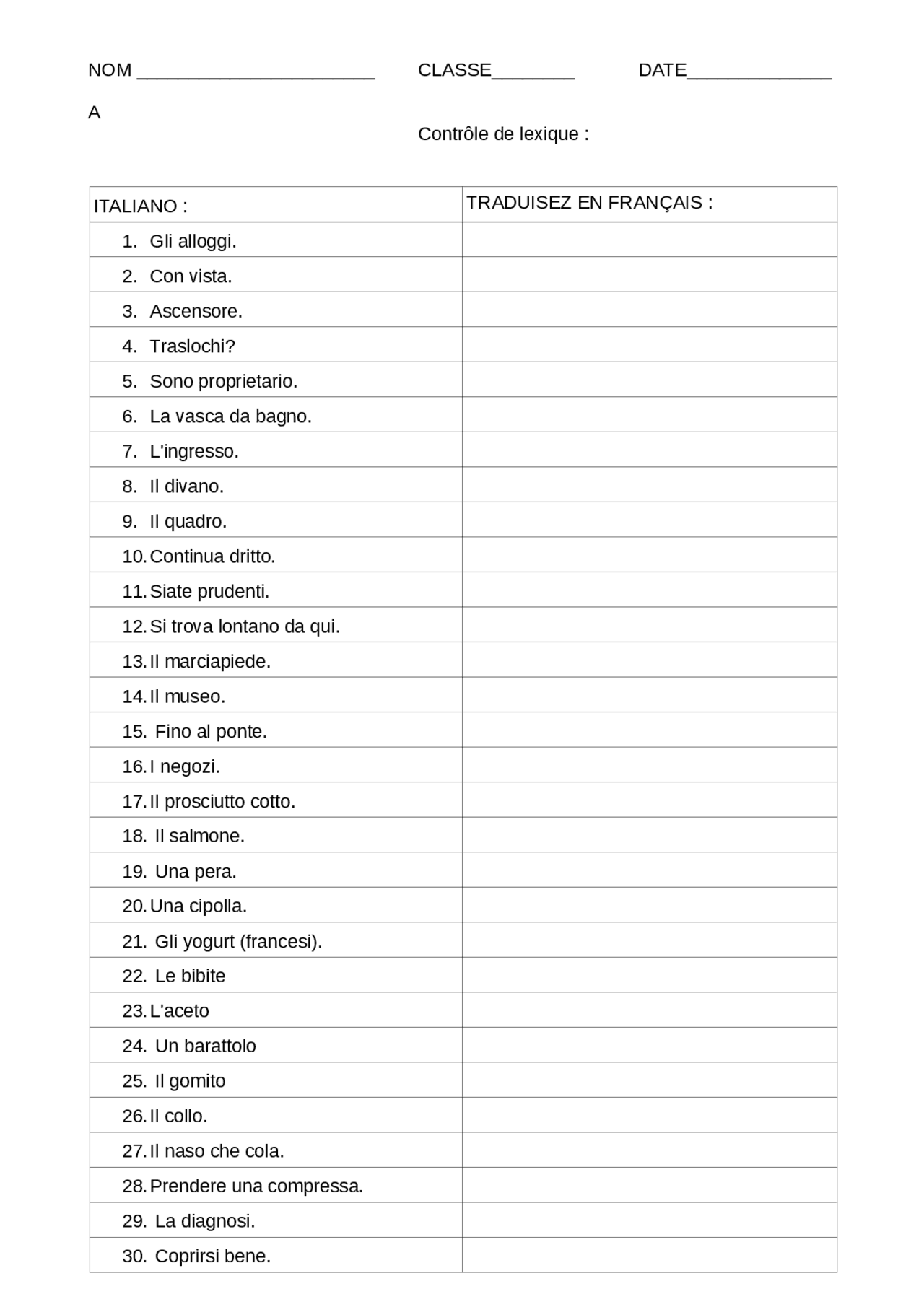 Esercizi di lessico per una classe di prima tecnico o professionale | Esercizi di Francese | Docsity