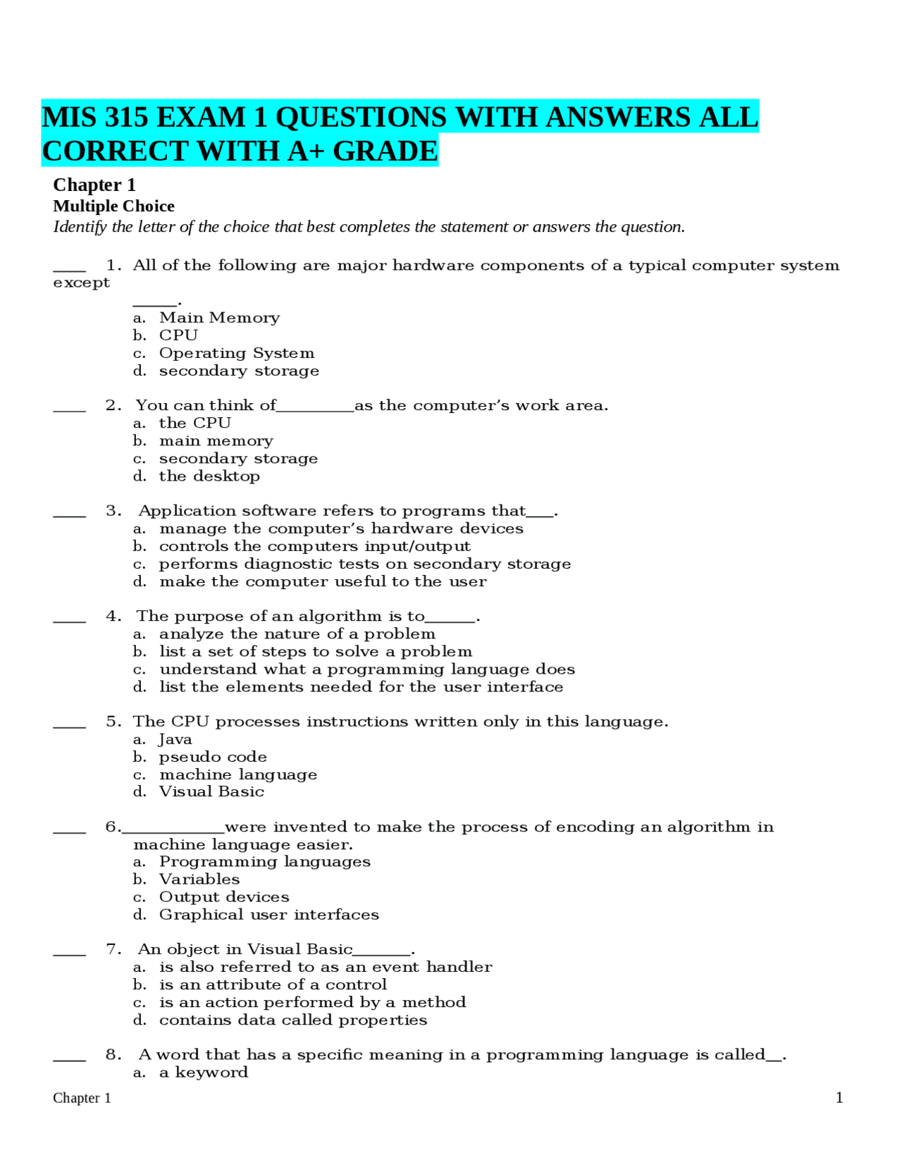 MIS 315 EXAM 1 QUESTIONS WITH ANSWERS ALL CORRECT WITH A+ GRADE | Exams ...