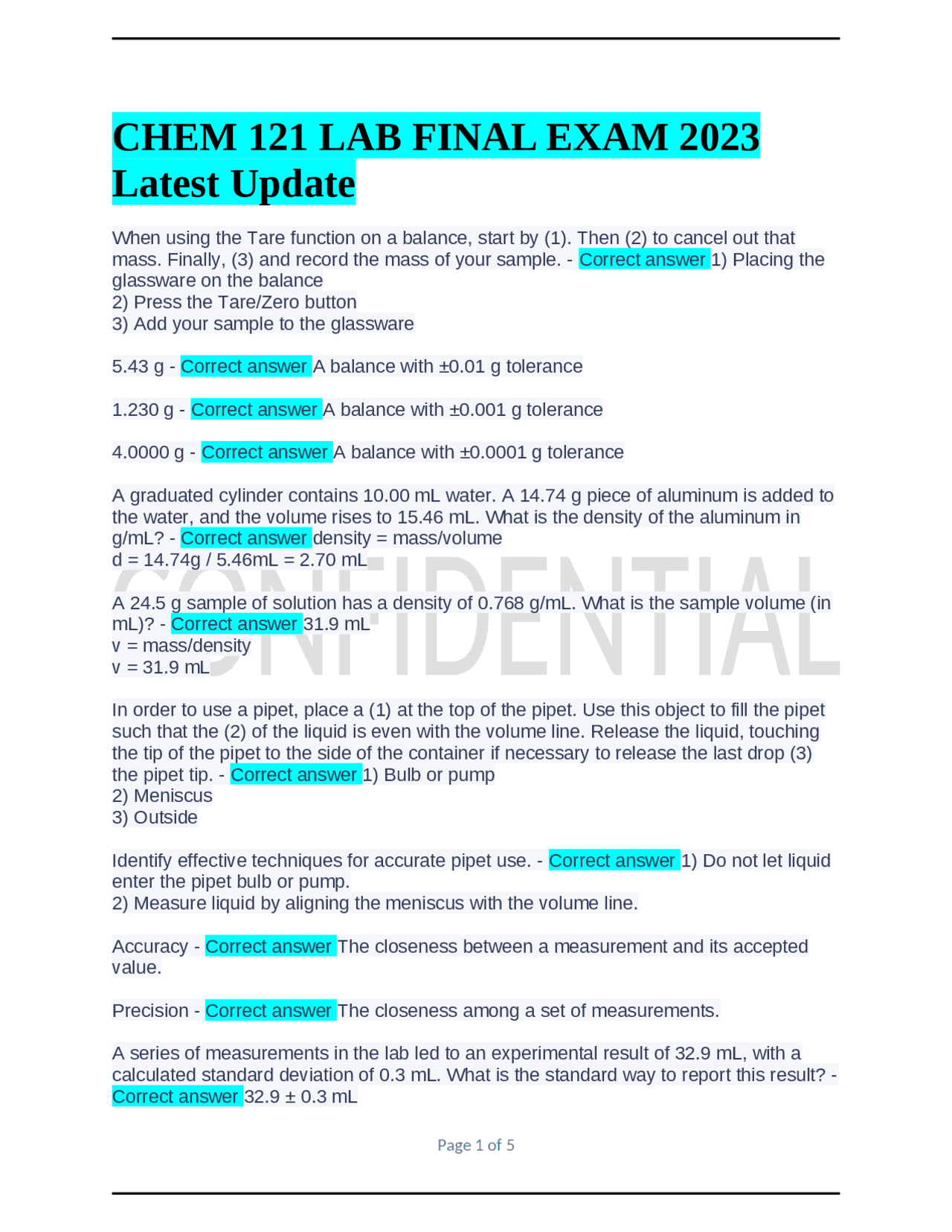 CHEM 121 LAB FINAL EXAM 2023 Latest Update | Exams Chemistry | Docsity