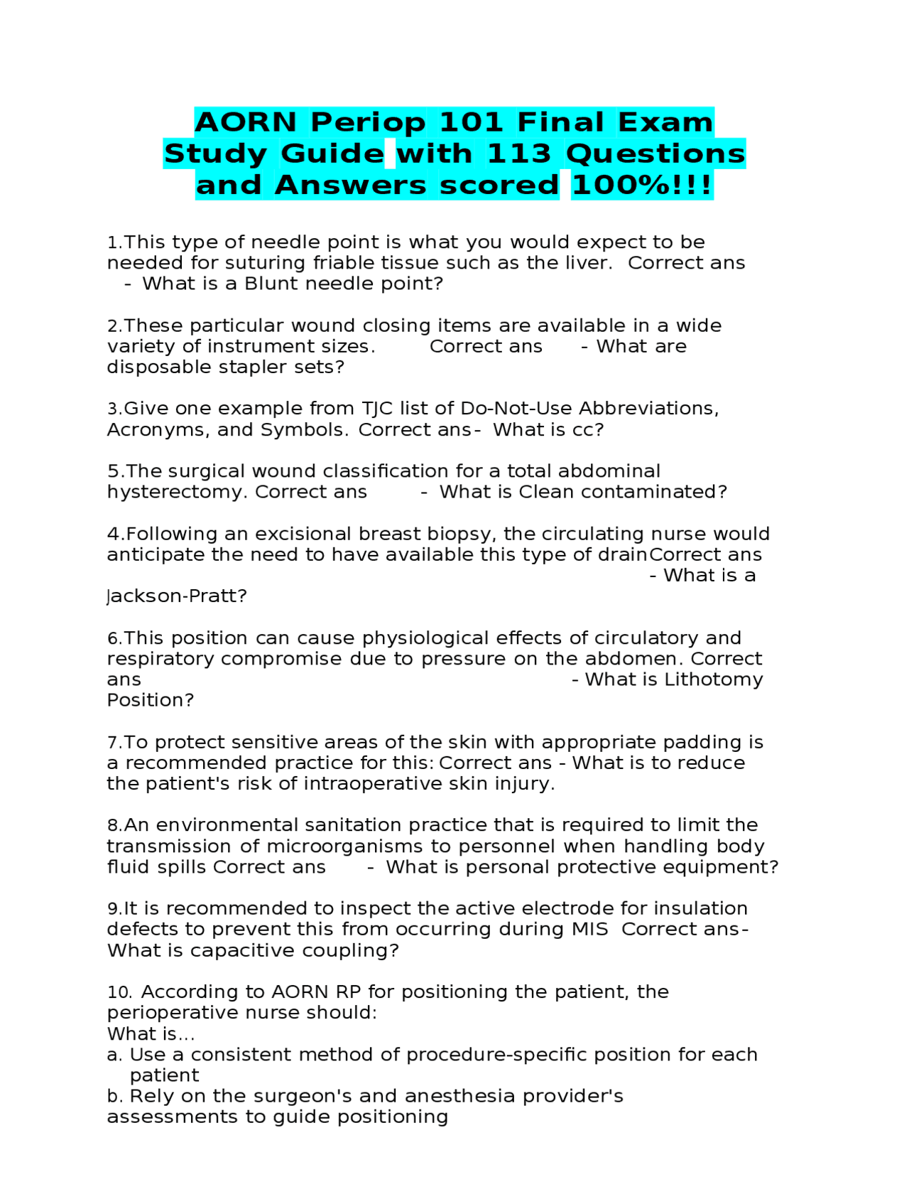 AORN Periop 101 Final Exam Study Guide with 113 Questions and Answers ...