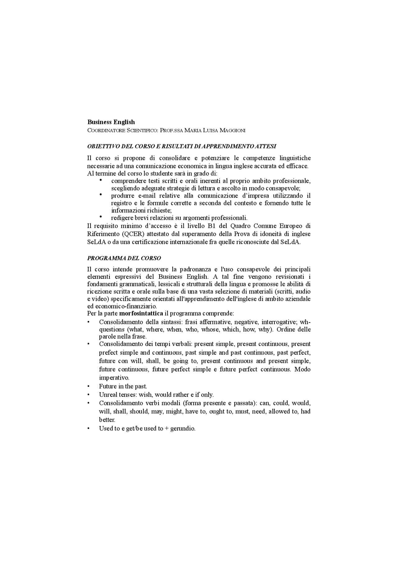 Programma business english | Schemi e mappe concettuali di Inglese Commerciale | Docsity