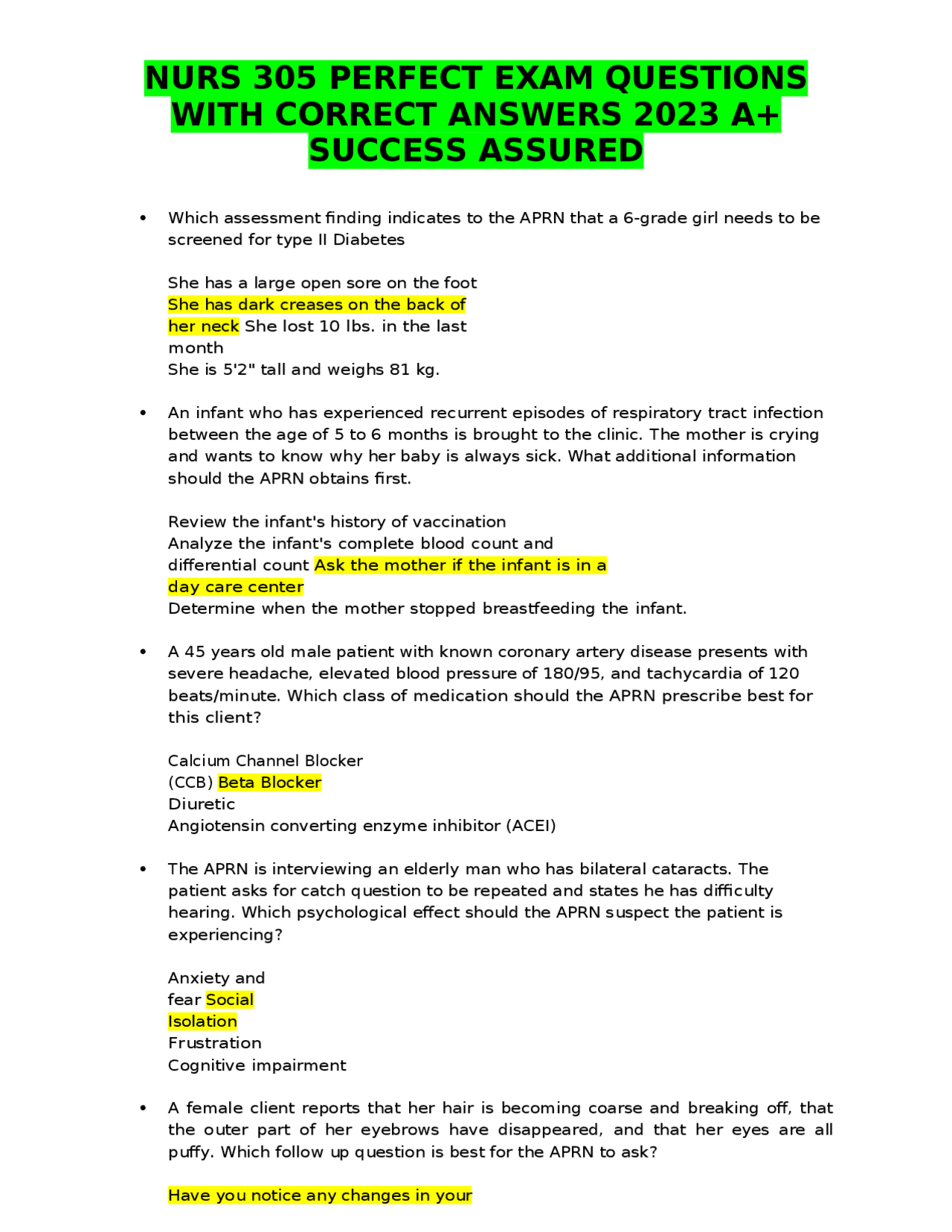 NURS 305 PERFECT EXAM QUESTIONS WITH CORRECT ANSWERS 2023 A+ SUCCESS ...
