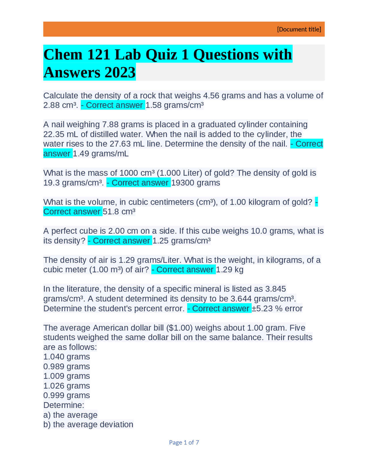 Chem 121 Lab Quiz 1 Questions With Answers 2023 Exams Chemistry Docsity