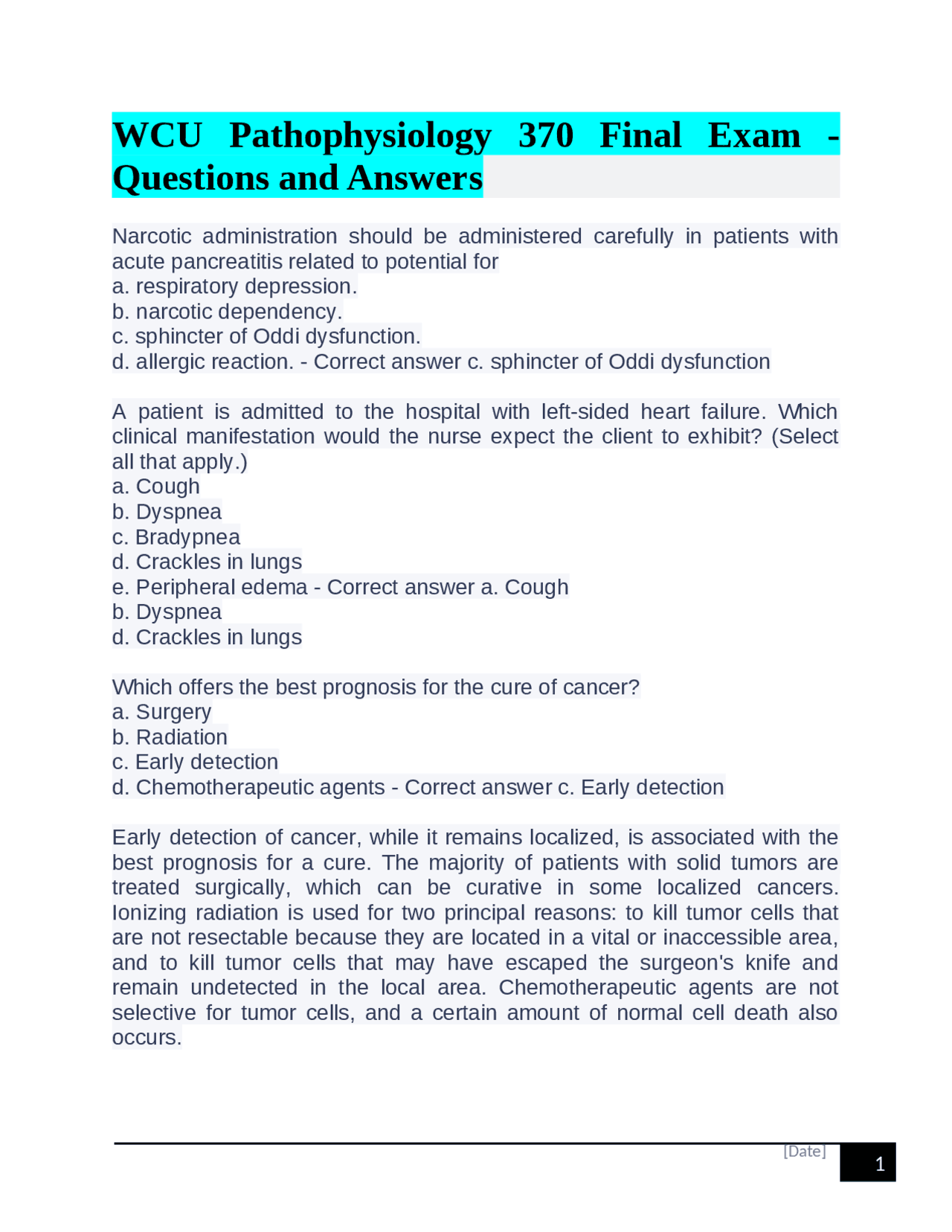 WCU Pathophysiology 370 Final Exam - Questions and Answers | Exams Pathophysiology | Docsity