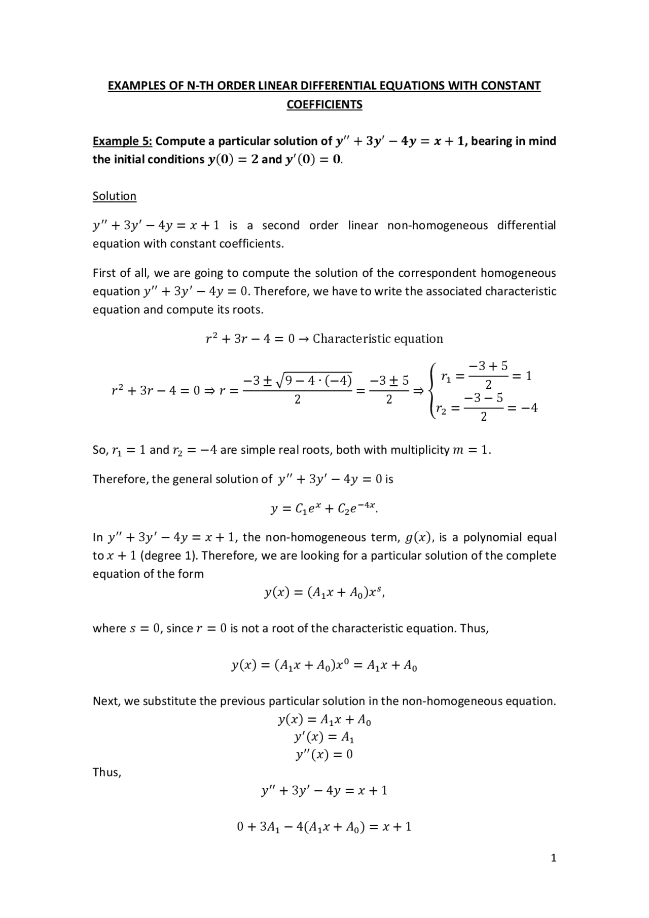 Examples of N-th Order Linear Differential Equations with Constant ...