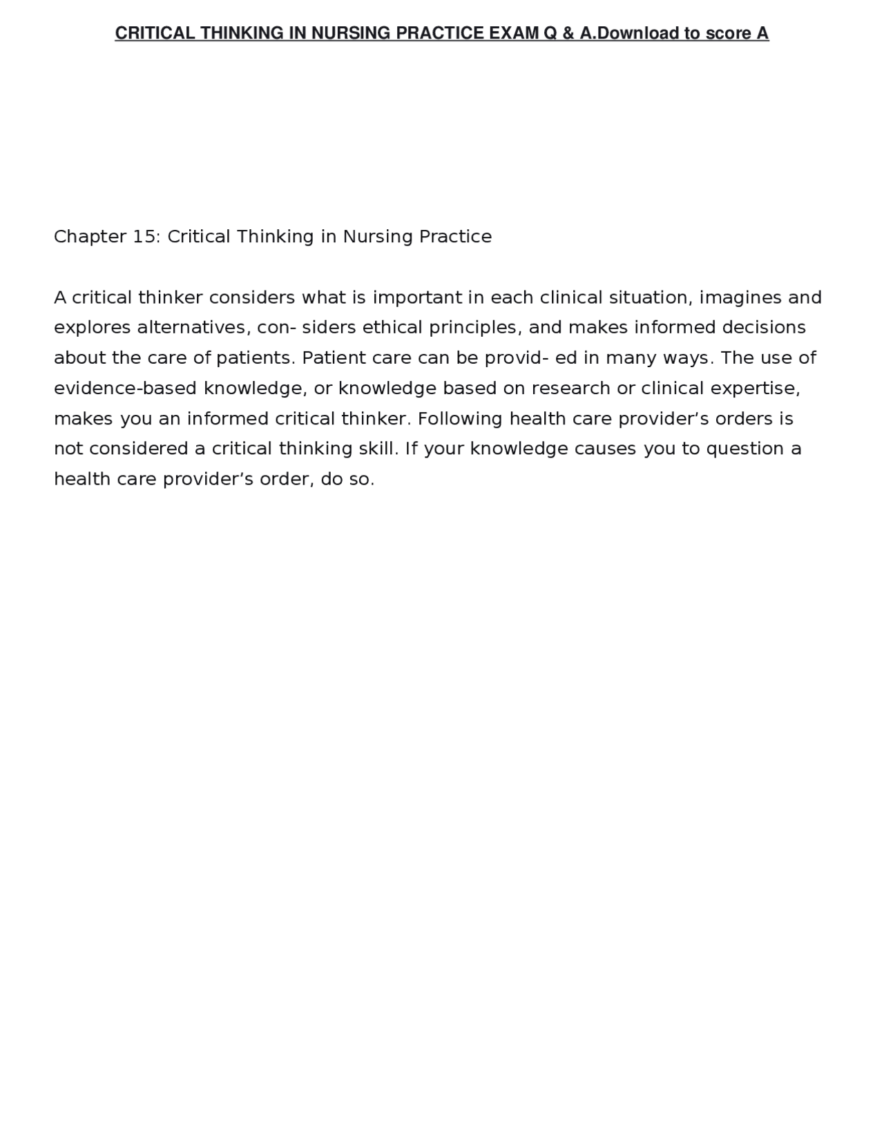 CRITICAL THINKING IN NURSING PRACTICE EXAM Q & A.Download to score A ...