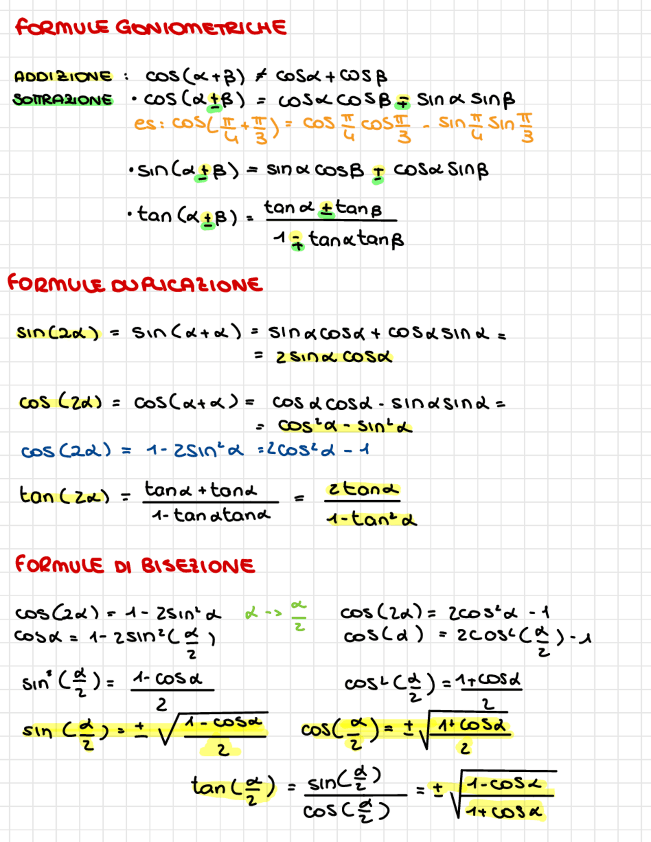 Formule goniometriche | Formulari di Matematica | Docsity