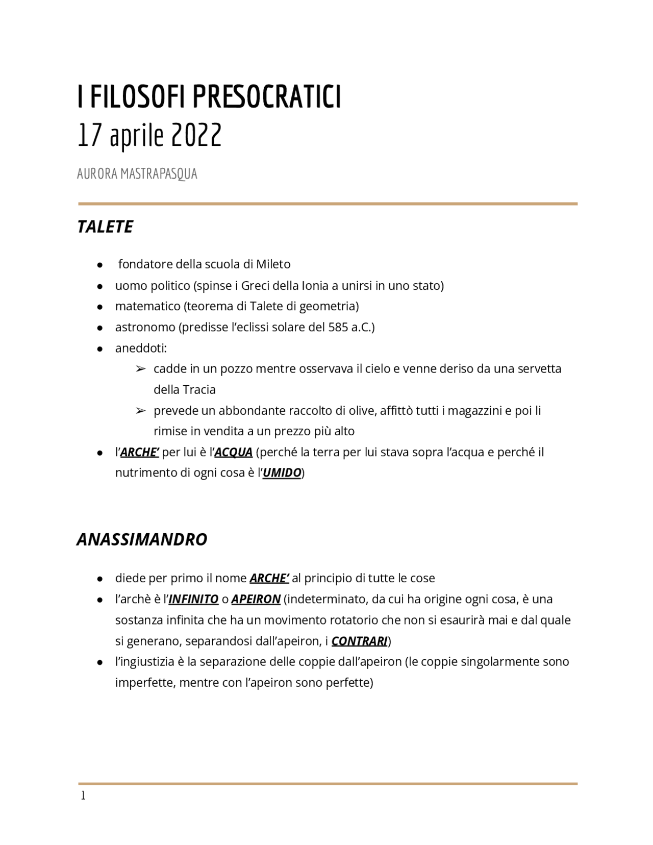 Sintesi Filosofi Presocratici Talete Anassimene Anassimandro
