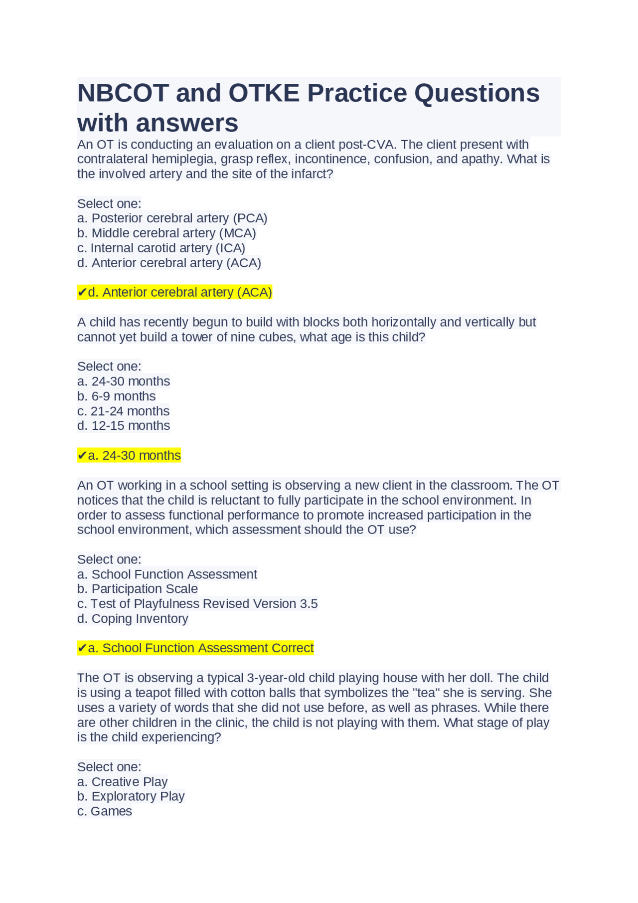 NBCOT and OTKE Practice Questions with answers | Exams Nursing | Docsity