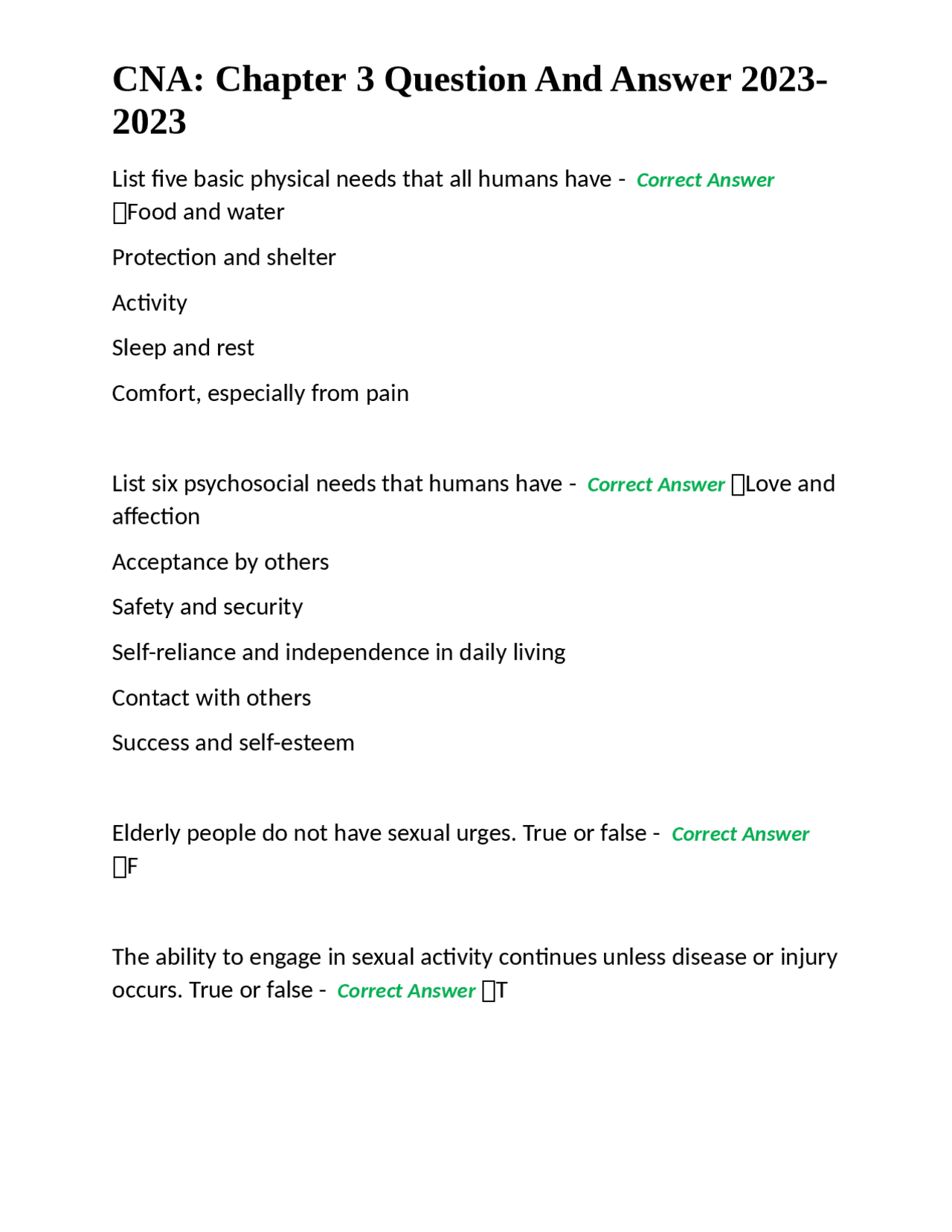 CNA: Chapter 3 Question And Answer 2023-2023 | Exams Nursing | Docsity