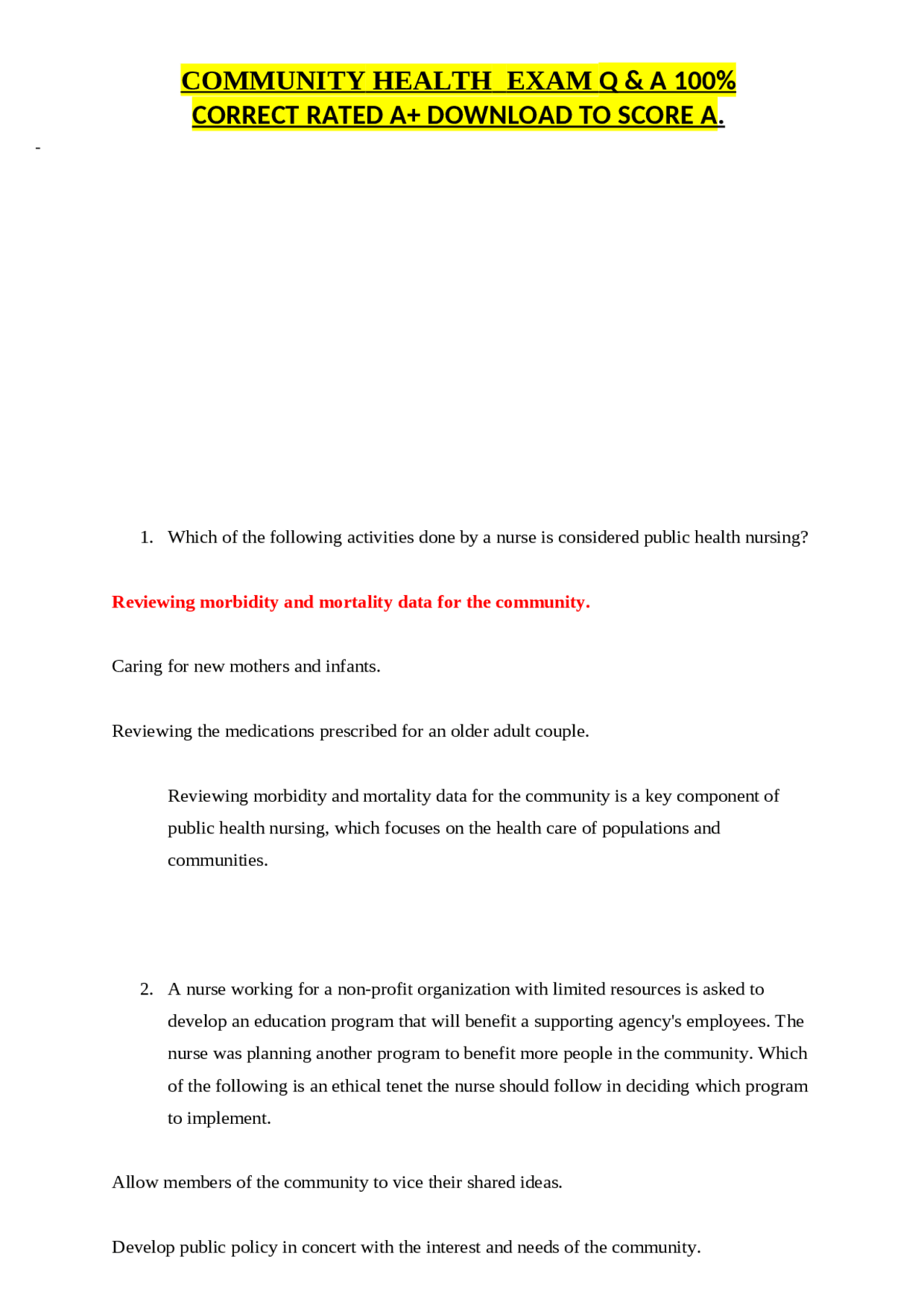 COMMUNITY HEALTH EXAM Q & A 100% CORRECT RATED A+ DOWNLOAD TO SCORE A ...