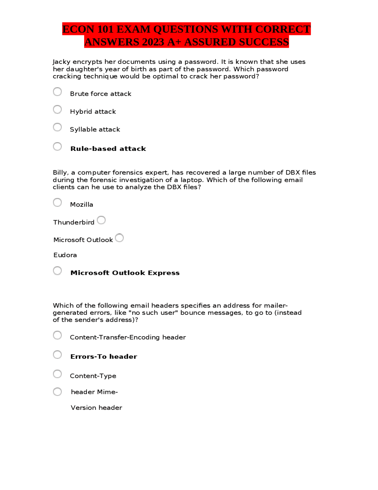 ECON 101 EXAM QUESTIONS WITH CORRECT ANSWERS 2023 A+ ASSURED SUCCESS ...