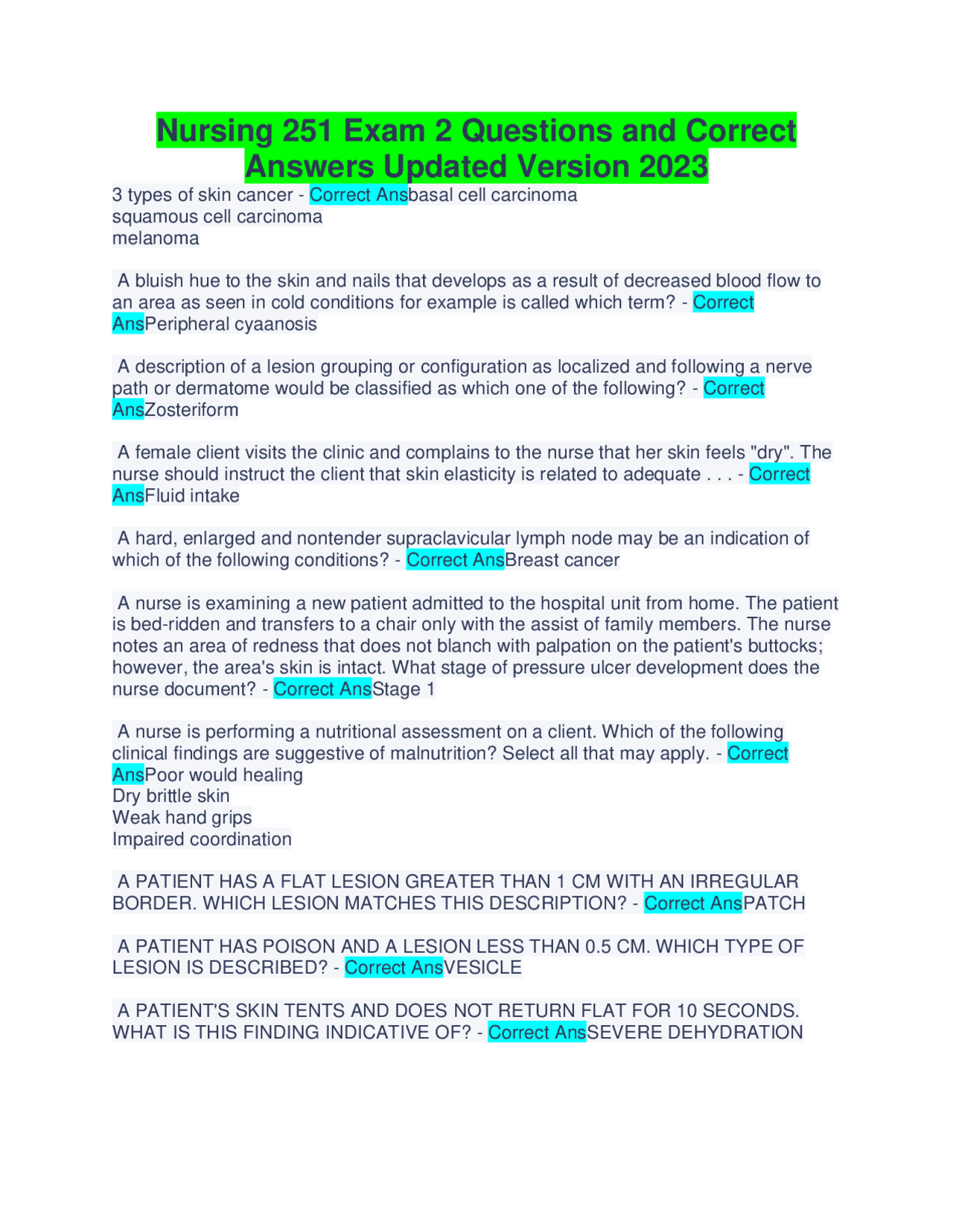 Nursing 251 Exam 2 Questions and CorrectAnswers Updated Version 2023 | Exams Nursing | Docsity