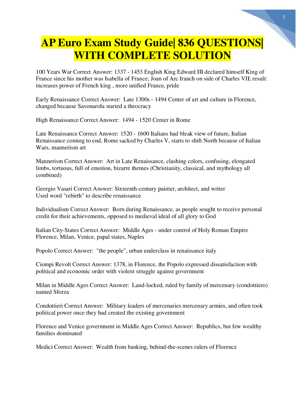 AP Euro Exam Study Guide| 836 QUESTIONS| WITH COMPLETE SOLUTION 2023 ...