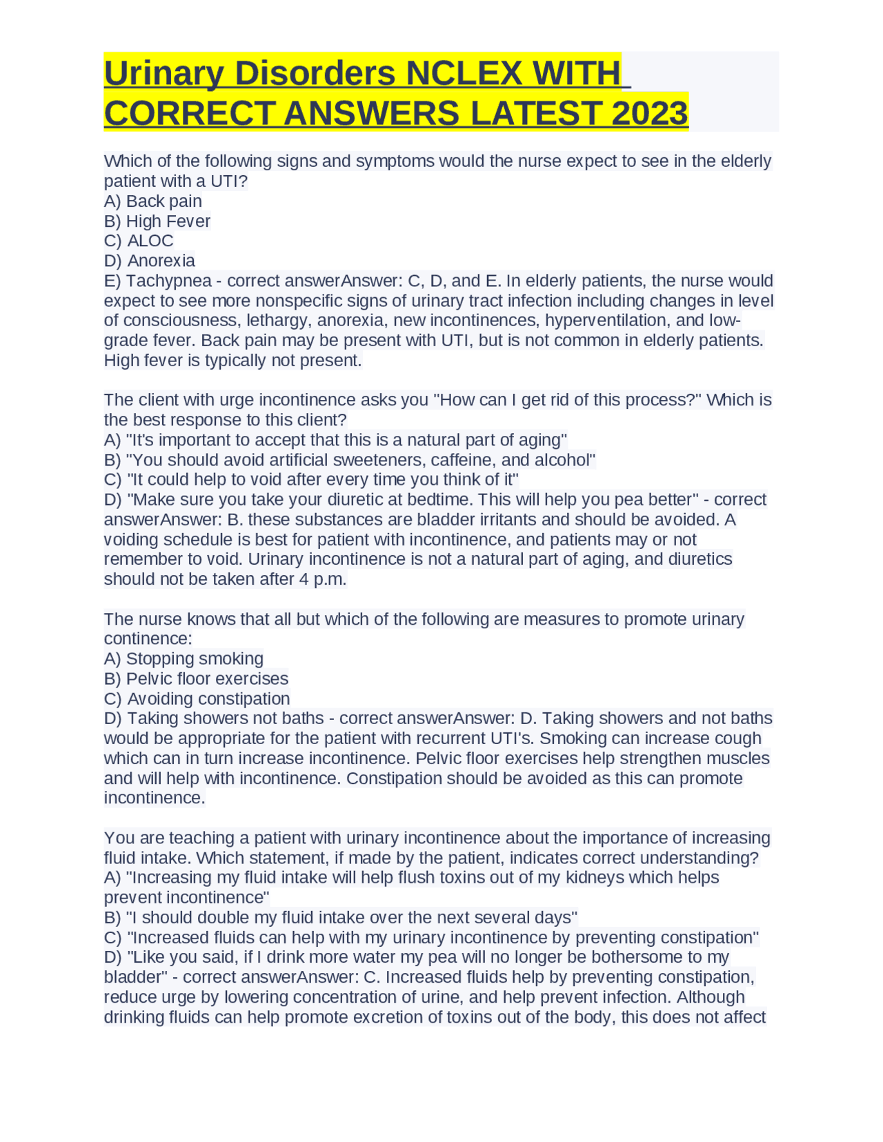 Urinary Disorders NCLEX WITH CORRECT ANSWERS LATEST 2023 Urinary ...