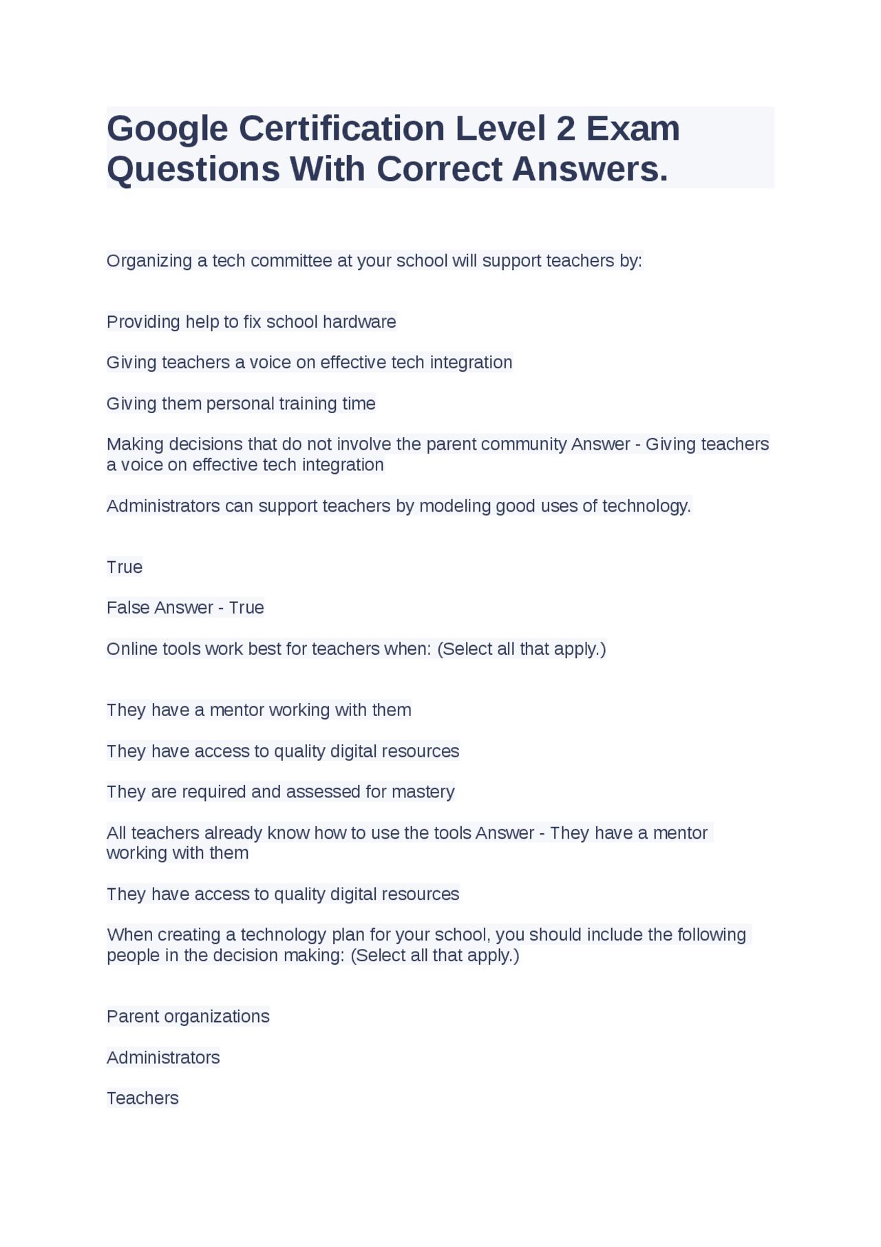 Google Certification Level 2 Exam Questions With Correct Answers ...