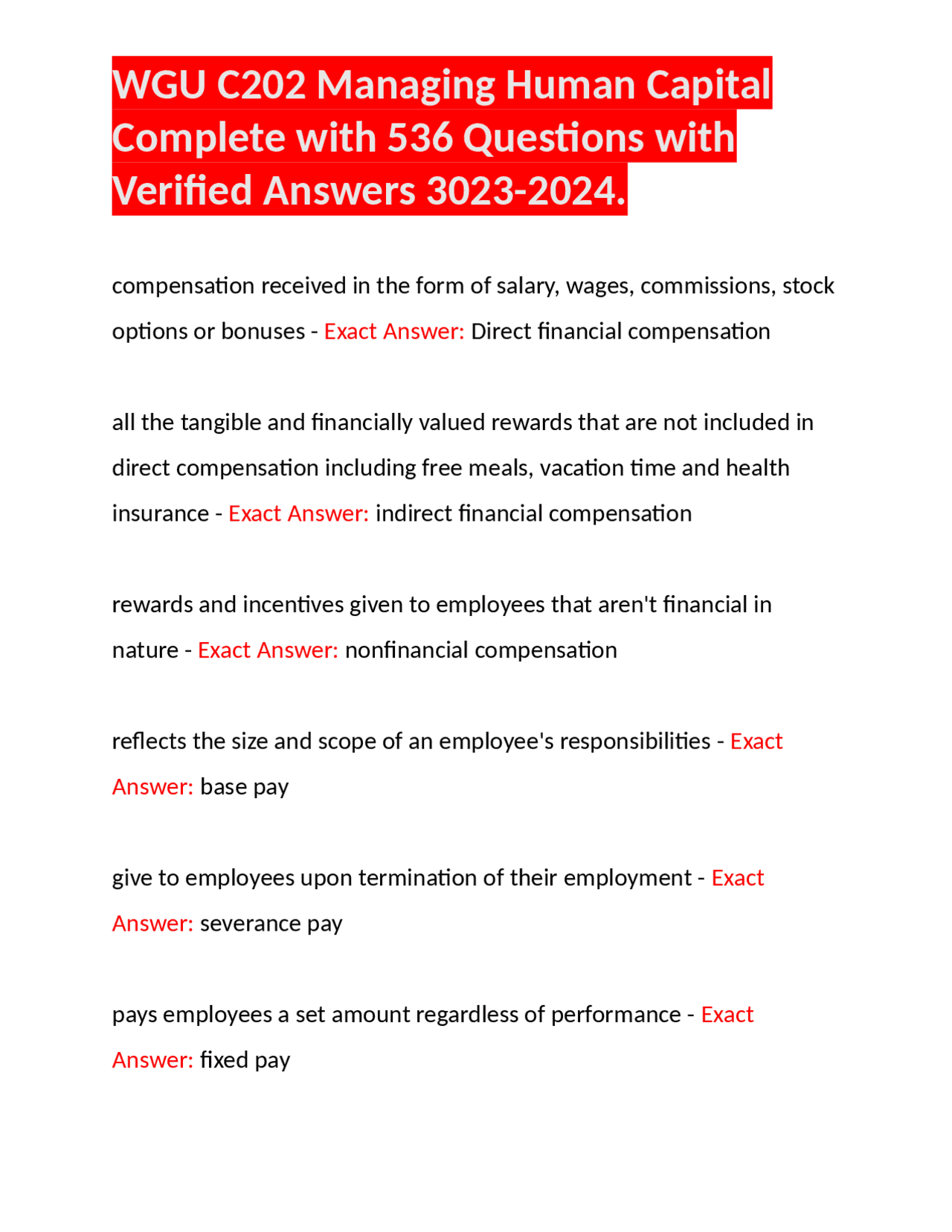 Managing Human Capital Compensation and Benefits | Exams Nursing | Docsity