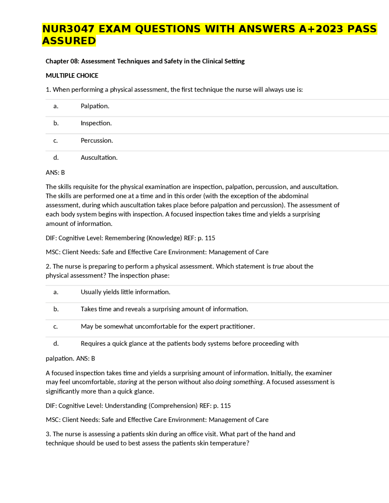 Nur3047 Exam Questions With Answers A2023 Pass Assured Exams Nursing