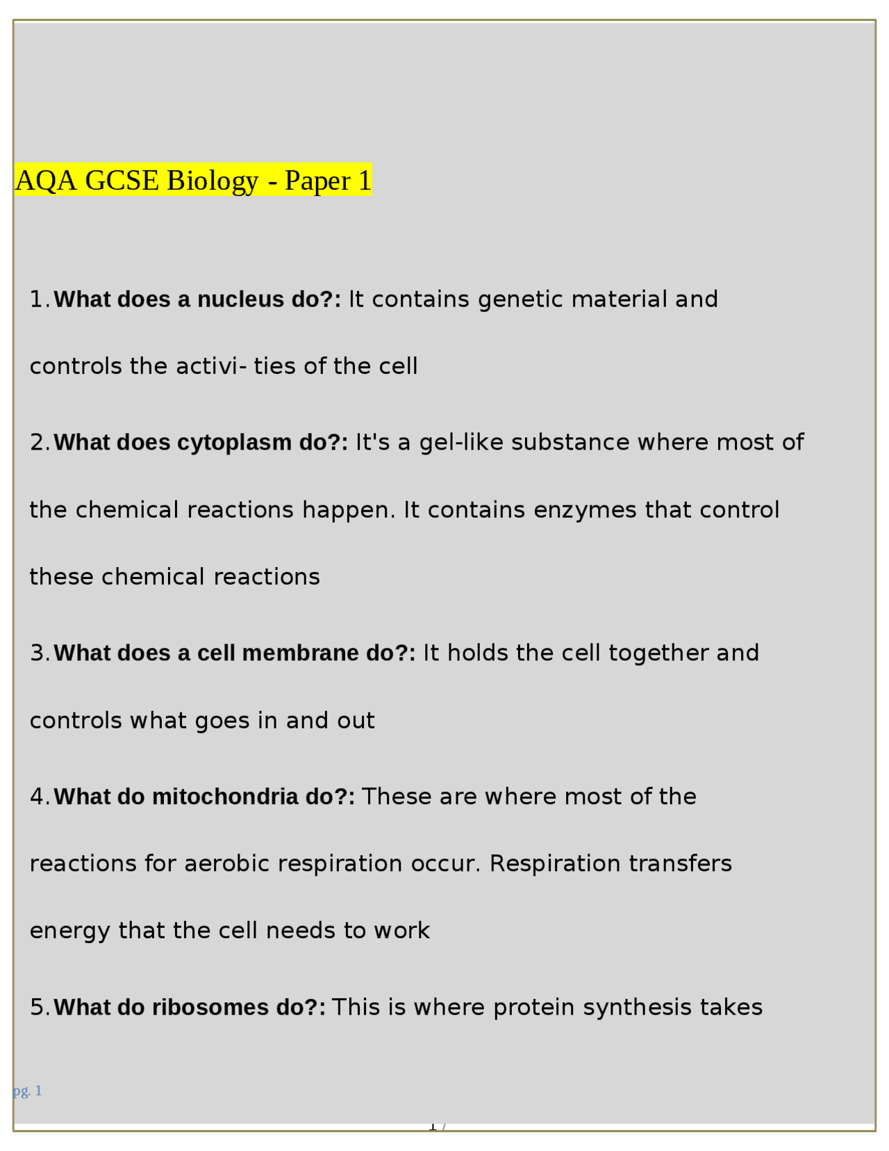AQA GCSE Biology - Paper 1 Latest 2023/2024 | Exams Biology | Docsity