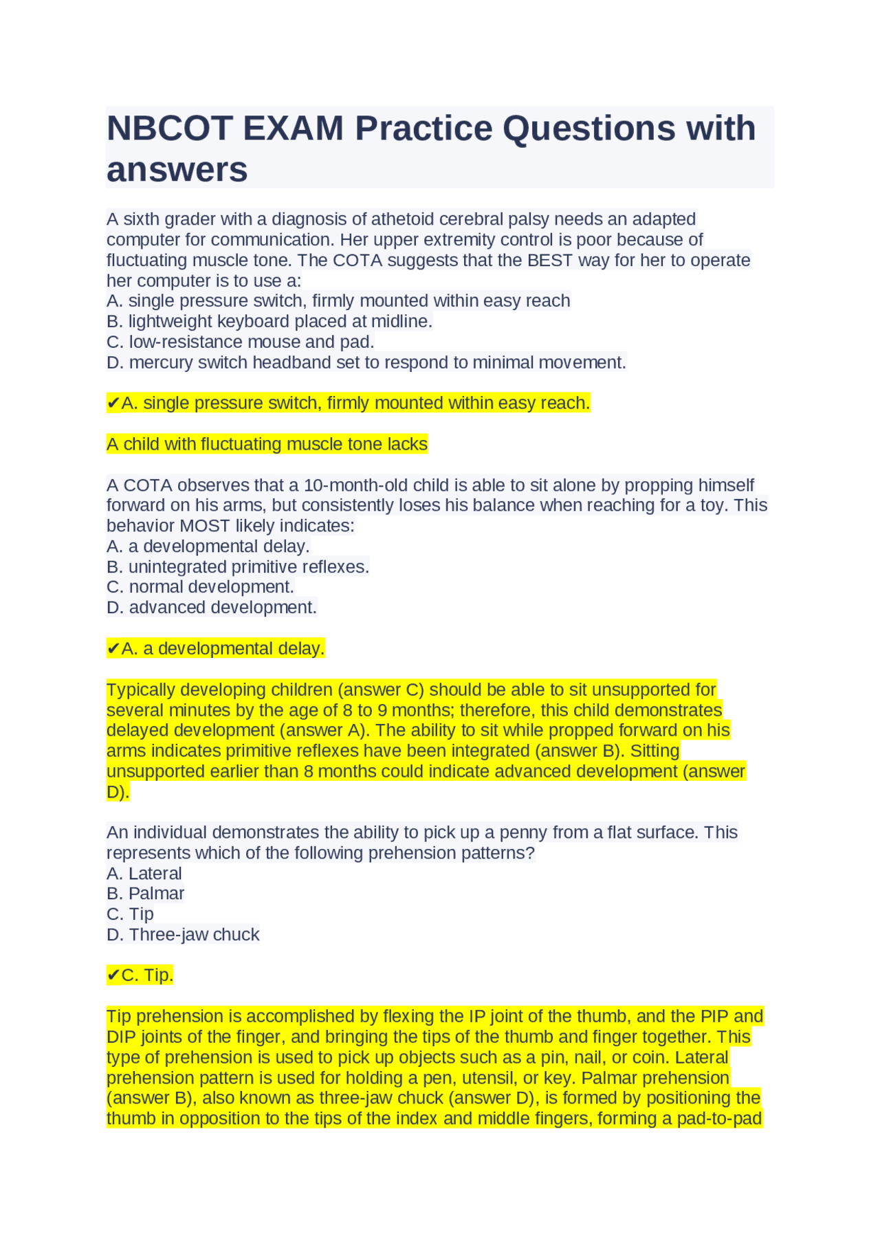 NBCOT EXAM Practice Questions with answers | Exams Nursing | Docsity