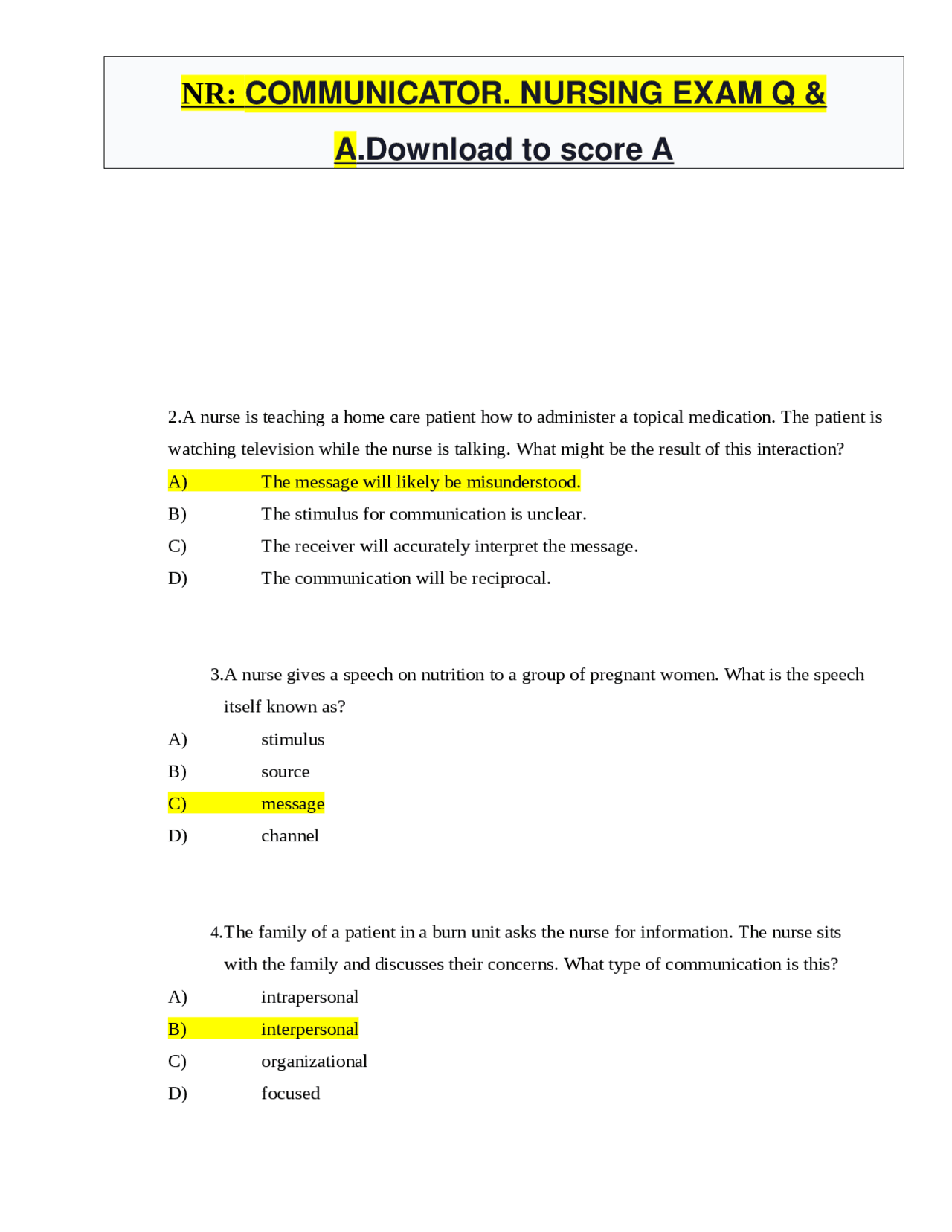 Nursing Communication Exam Q&A | Exams Nursing | Docsity