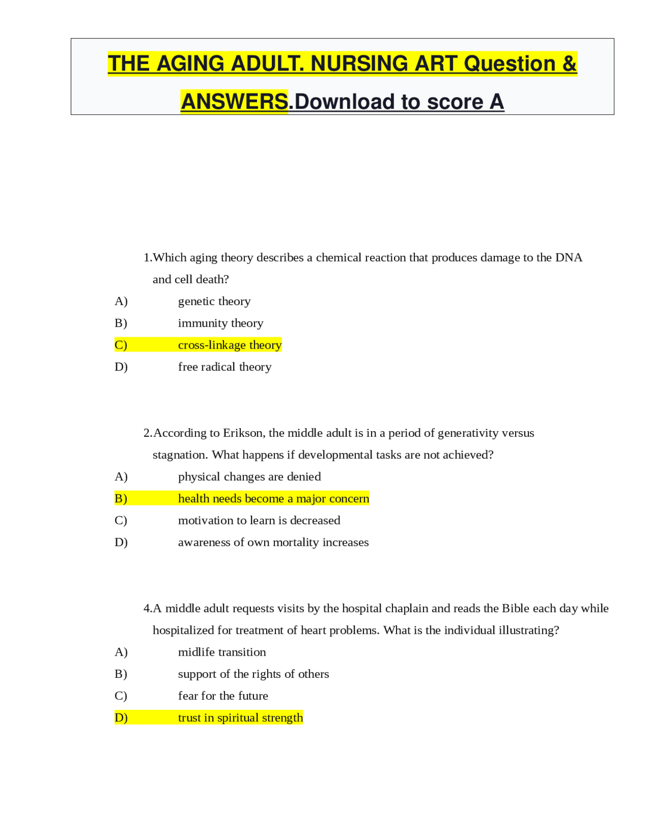 THE AGING ADULT. NURSING ART Question & ANSWERS.Download to score A ...