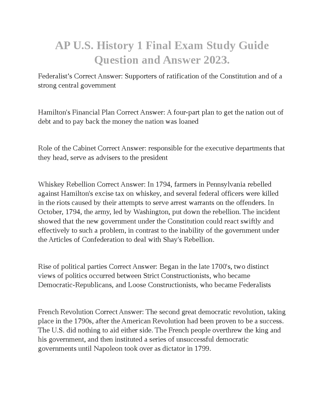 AP U.S. History 1 Final Exam Study GuideQuestion and Answer 2023 ...