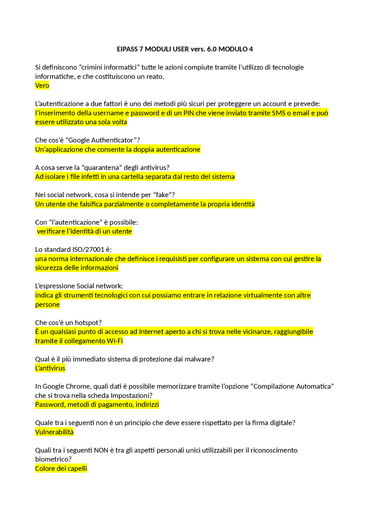 EIPASS 7 MODULI USER vers. 6.0 MODULO 4 | Panieri di Sistemi Informatici | Docsity