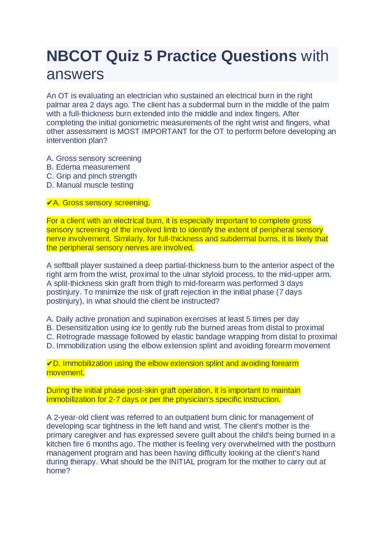 NBCOT Quiz 5 Practice Questions with answers | Exams Nursing | Docsity