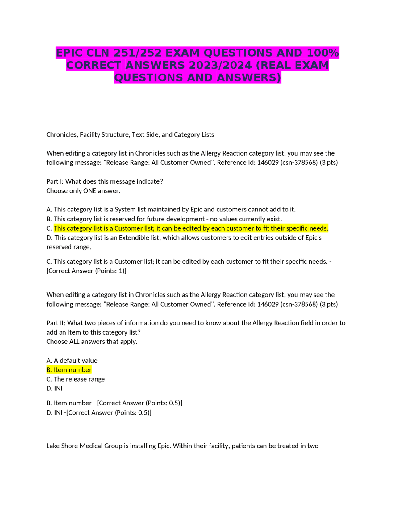 EPIC CLN 251/252 EXAM QUESTIONS AND 100% CORRECT ANSWERS 2023/2024 (REAL EXAM QUESTIONS AN ...