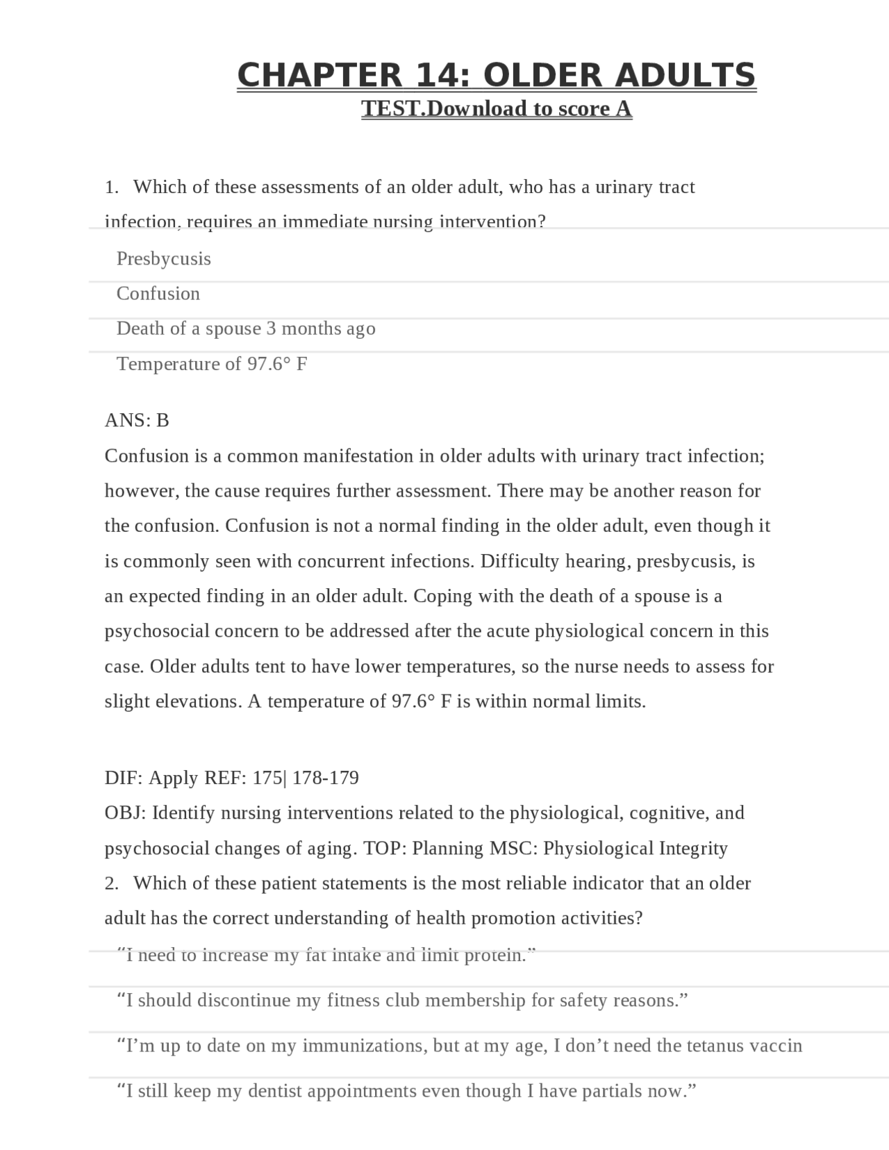 CHAPTER 14: OLDER ADULTS TEST.Download to score A | Exams Nursing | Docsity