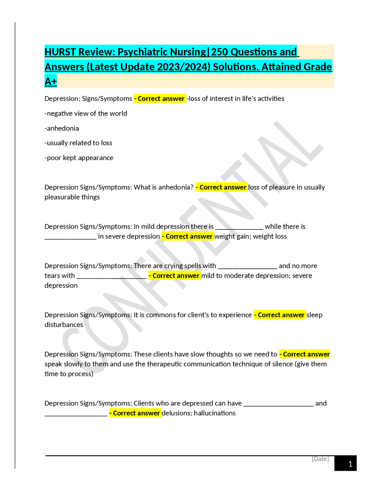 HURST Review: Psychiatric Nursing|250 Questions and Answers (Latest ...