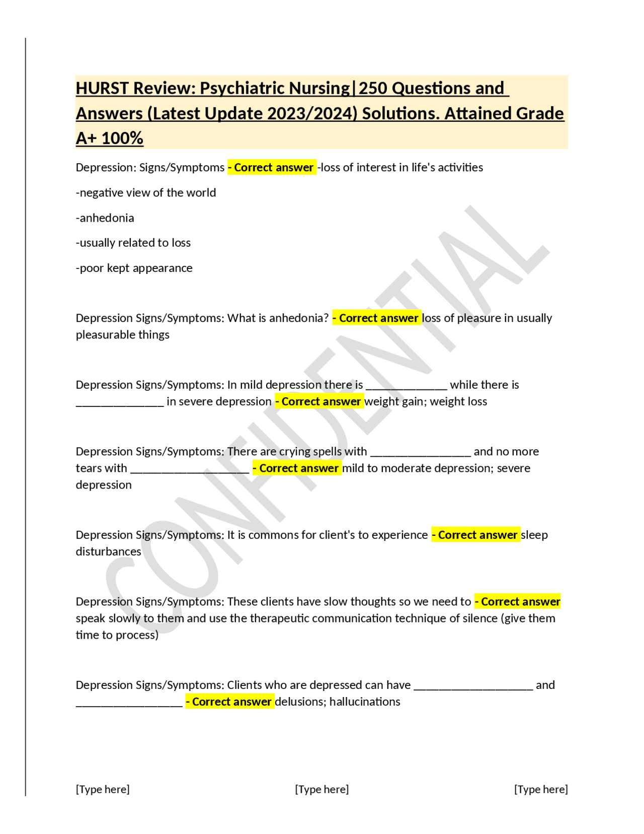 HURST Review: Psychiatric Nursing|250 Questions and Answers (Latest ...