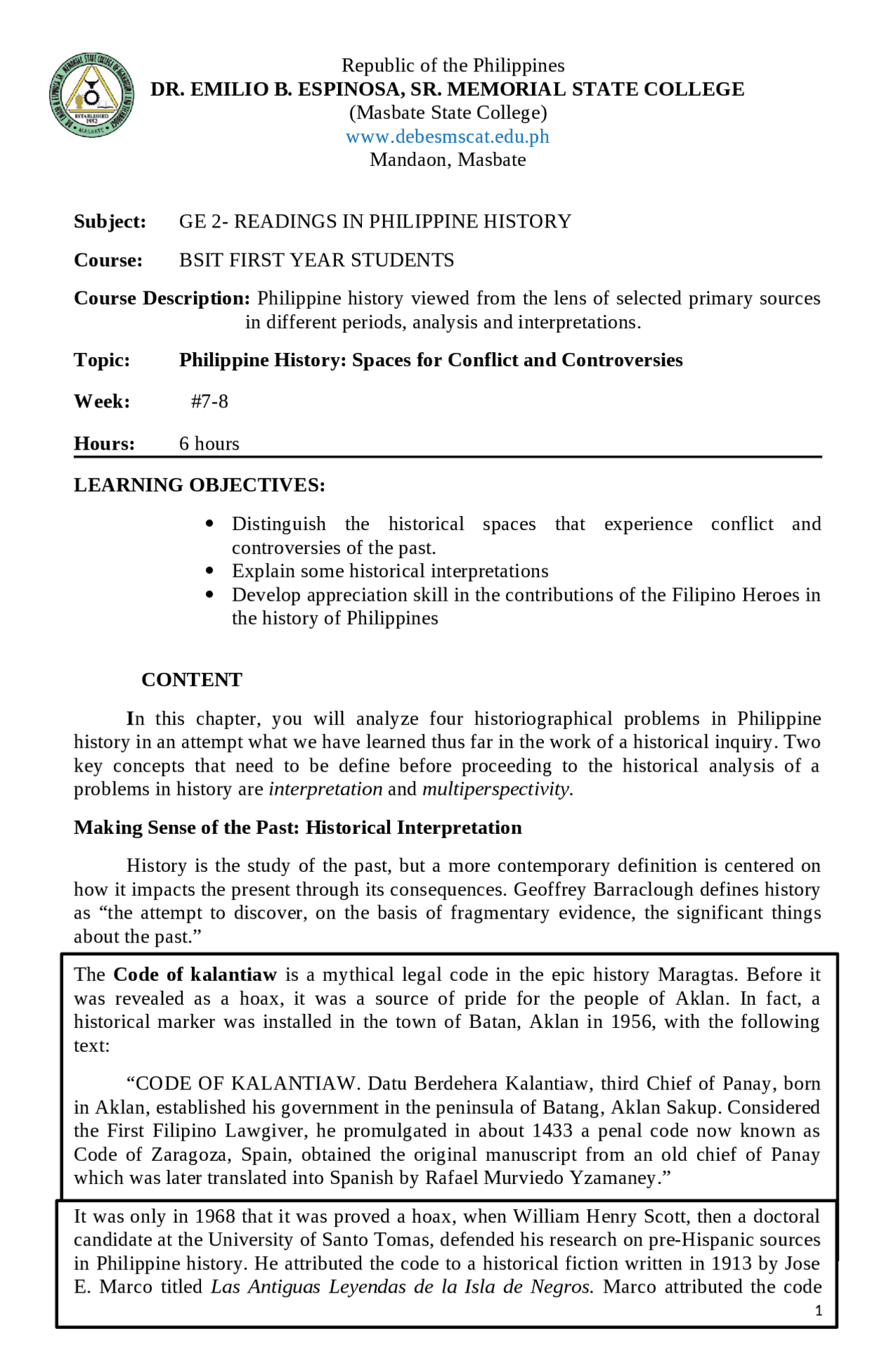 Philippine History Viewed From The Lens Of Selected Primary Sources In